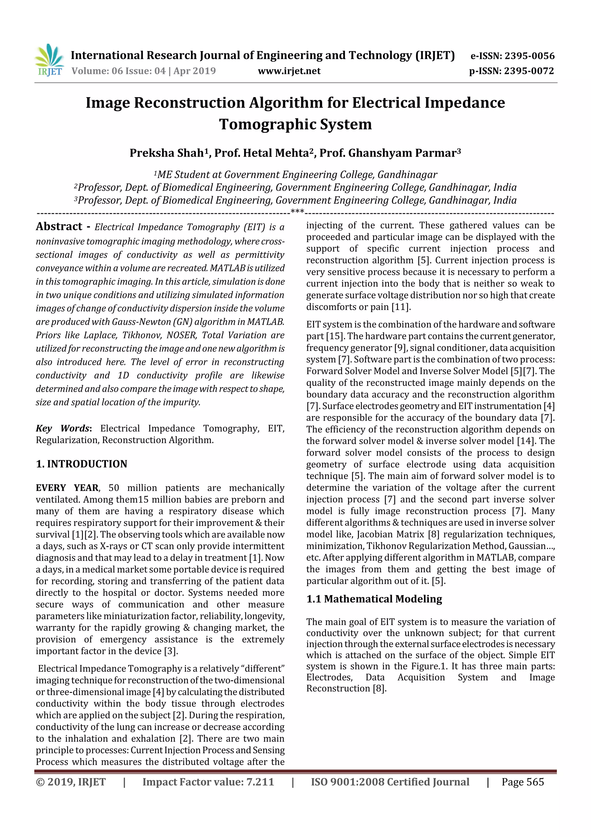 IRJET- Image Reconstruction Algorithm for Electrical Impedance Tomographic System | PDF