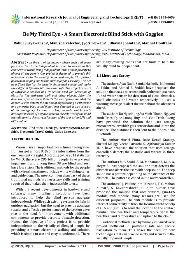 IRJET- Bemythirdeye- A Smart Electronic Blind Stick with Goggles | PDF | Computer Peripherals ...