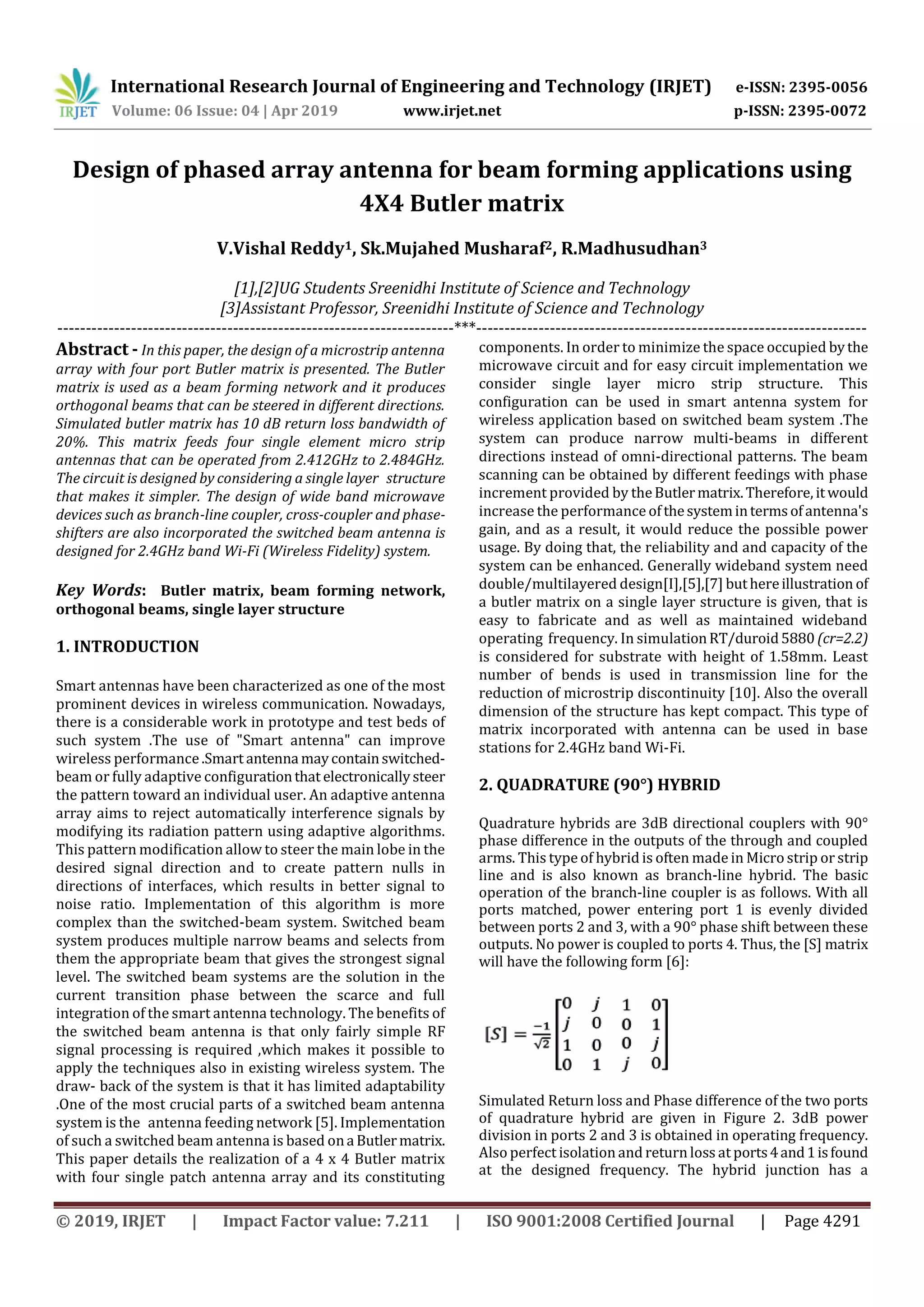 IRJET- Design of Phased Array Antenna for Beam Forming Applications using 4X4 Butler Matrix | PDF