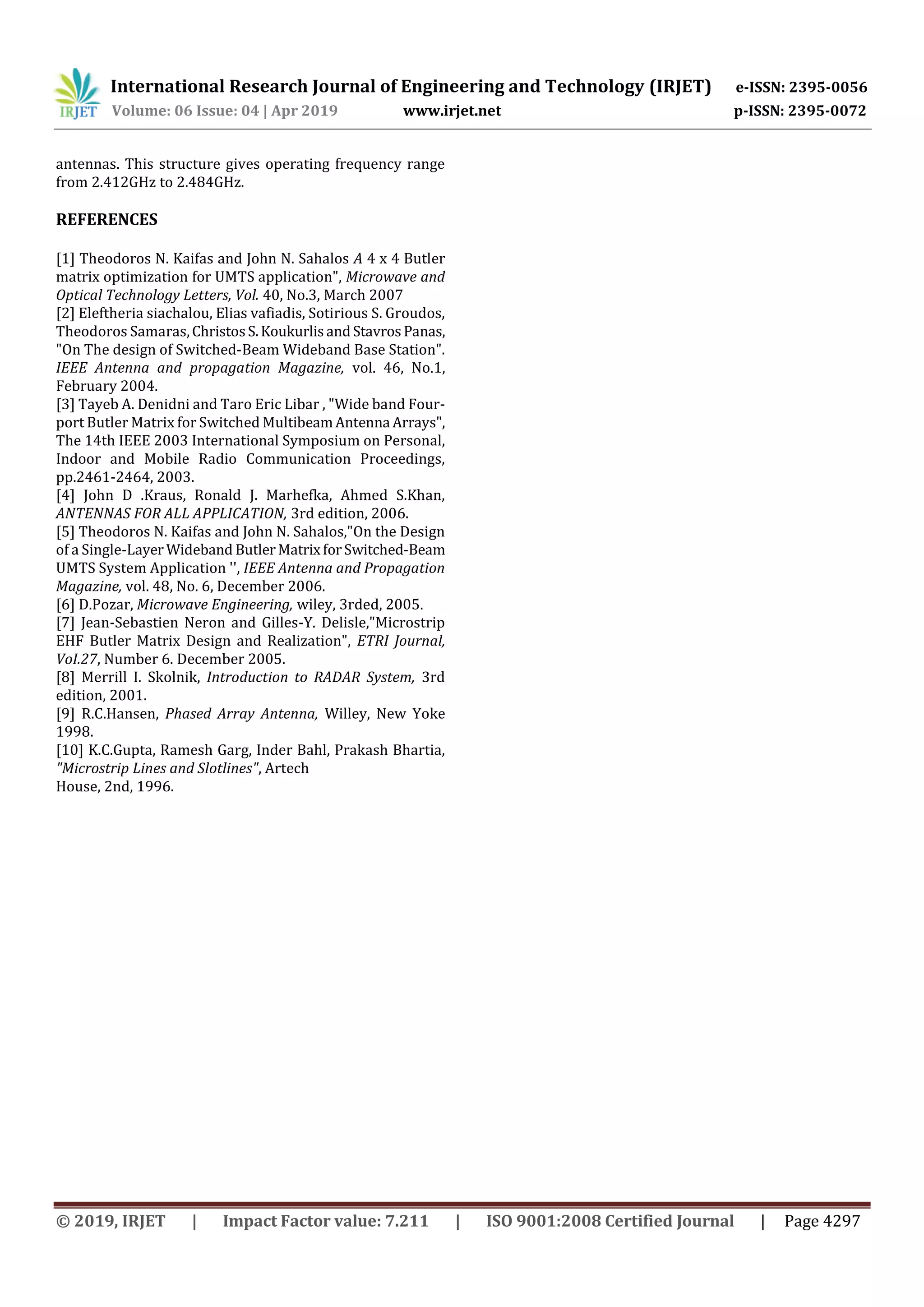 IRJET- Design of Phased Array Antenna for Beam Forming Applications using 4X4 Butler Matrix | PDF