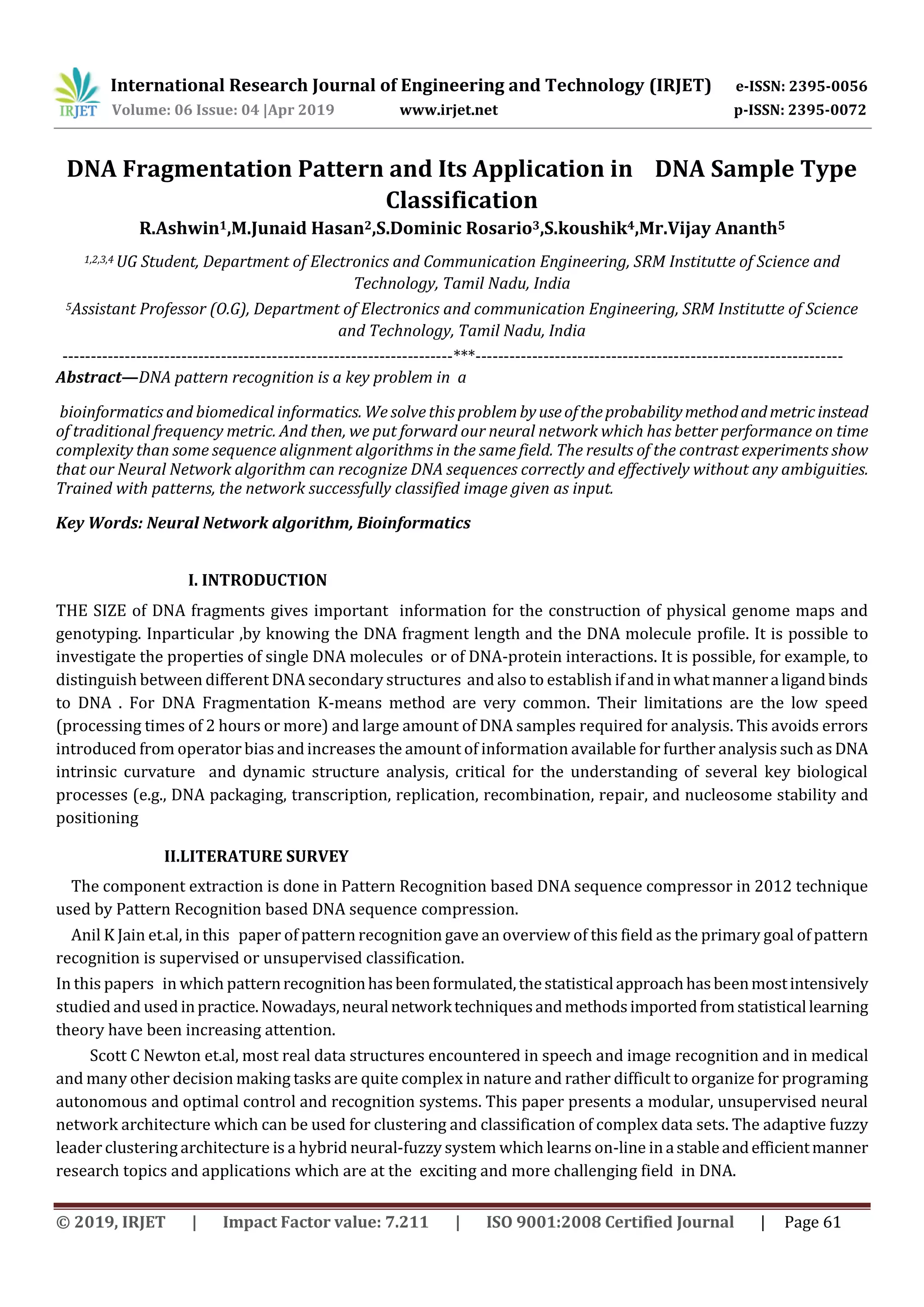 IRJET- DNA Fragmentation Pattern and its Application in DNA Sample Type ...