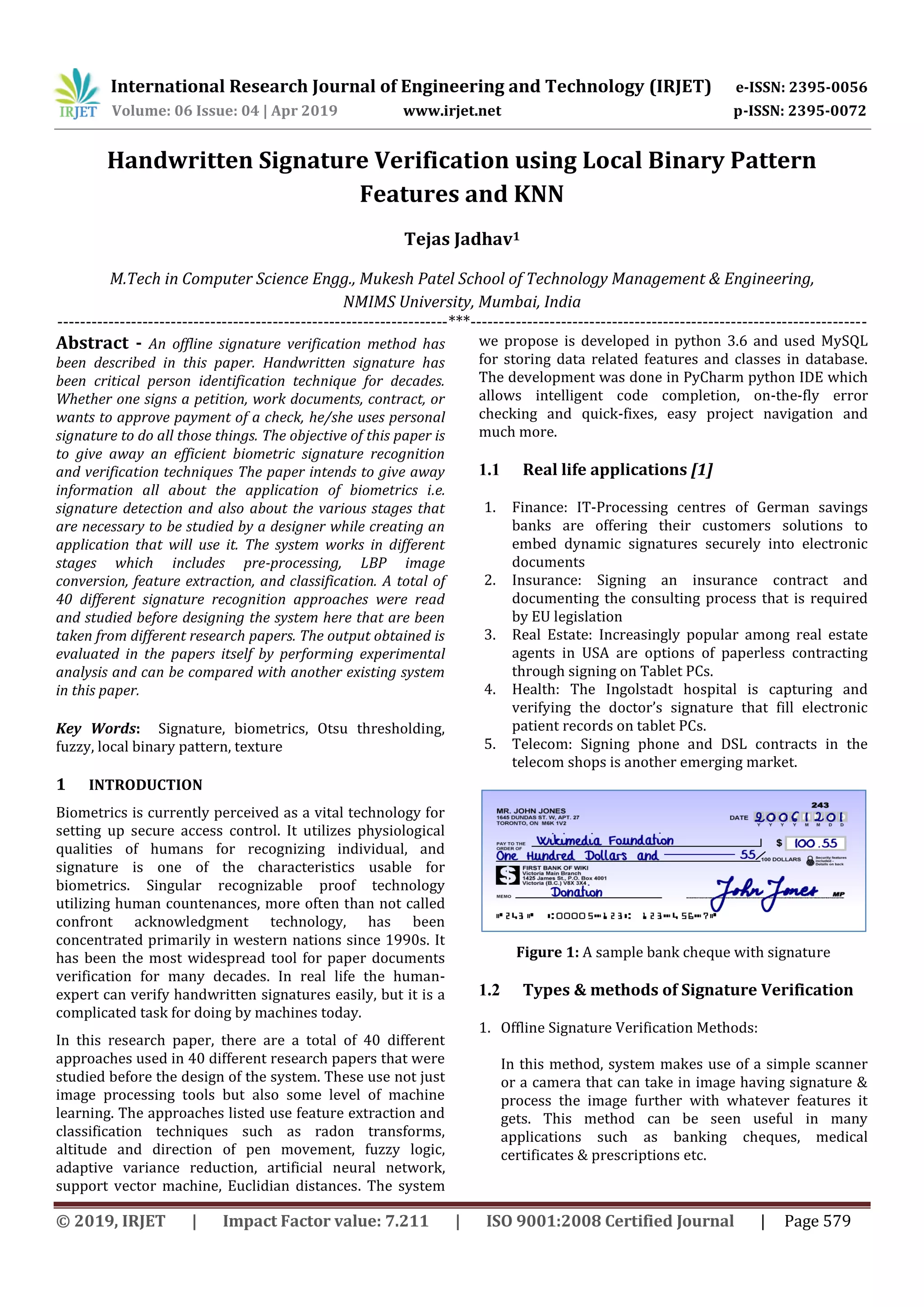 IRJET- Handwritten Signature Verification using Local Binary Pattern Features and KNN | PDF