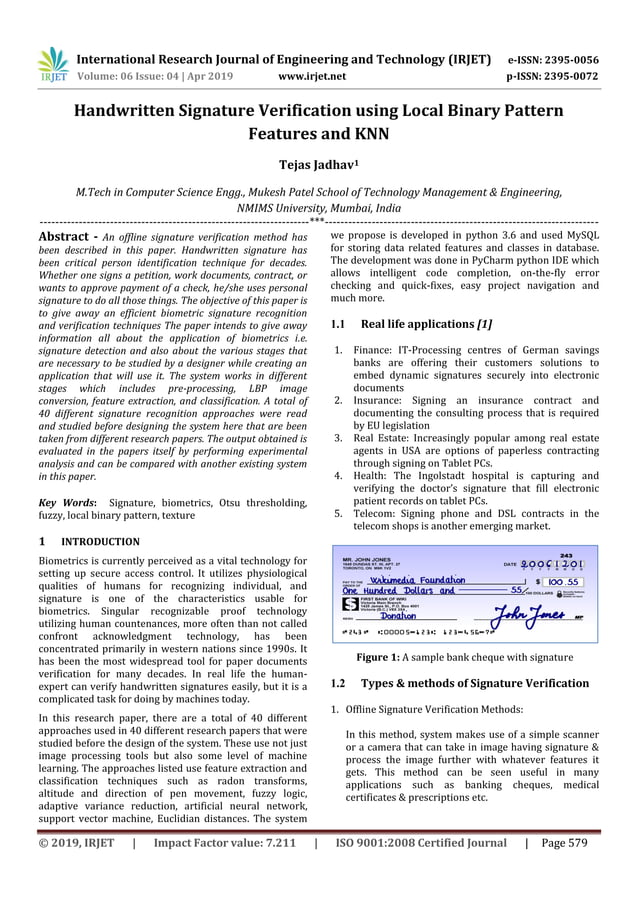 Irjet Handwritten Signature Verification Using Local Binary Pattern Features And Knn Pdf