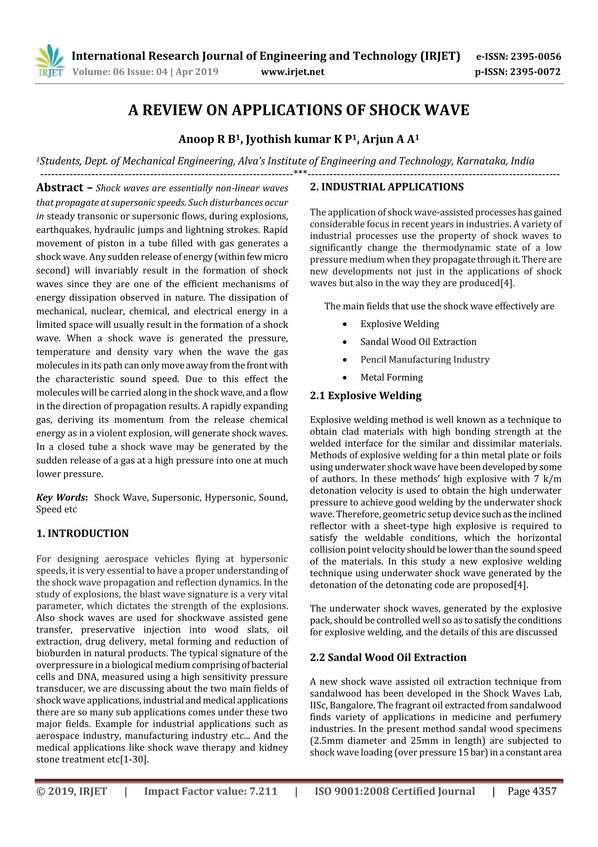 IRJET- A Review on Applications of Shock Wave | PDF | Woodworking | Arts and Crafts