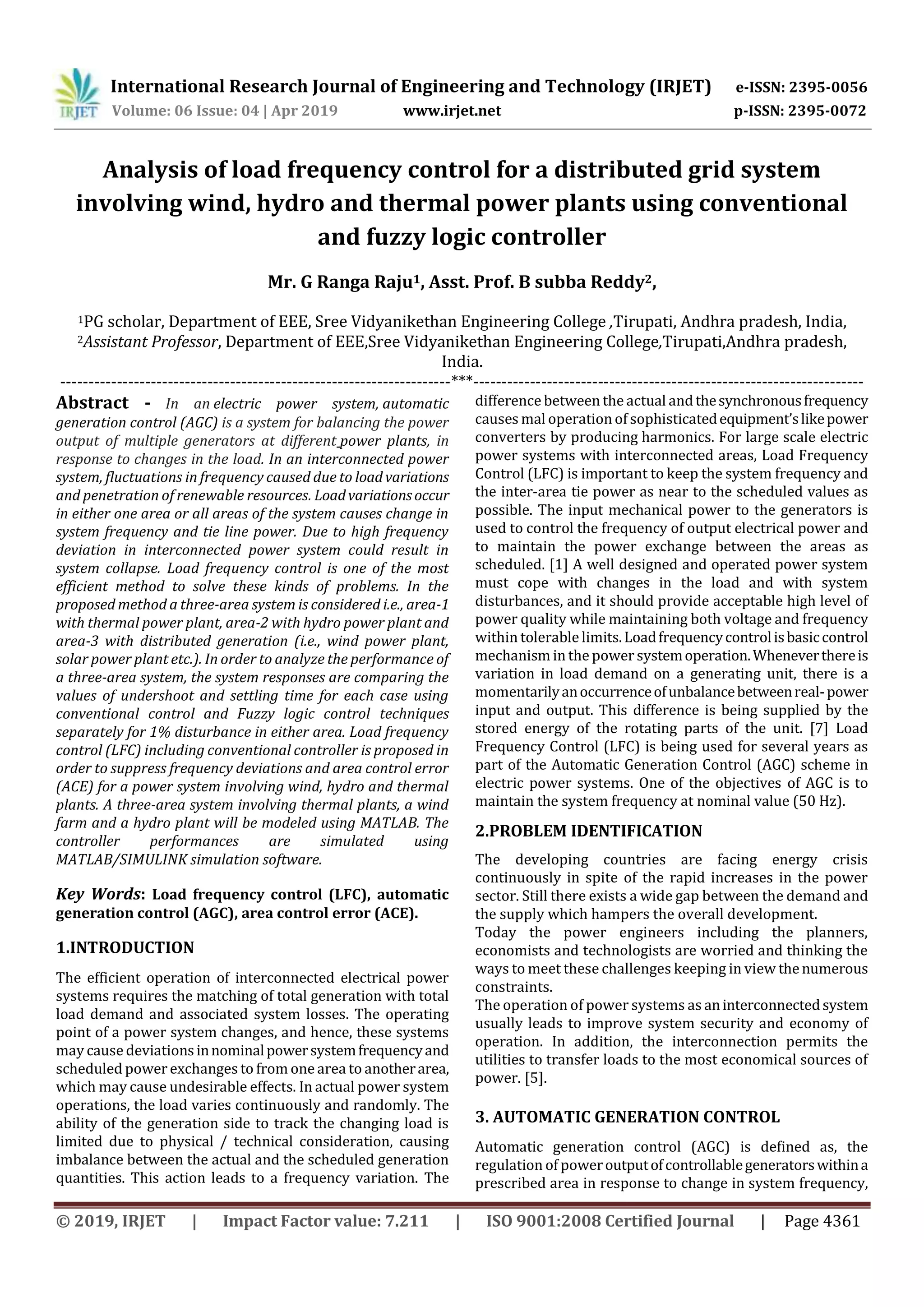 IRJET- Analysis of Load Frequency Control for a Distributed Grid System Involving Wind, Hydro ...