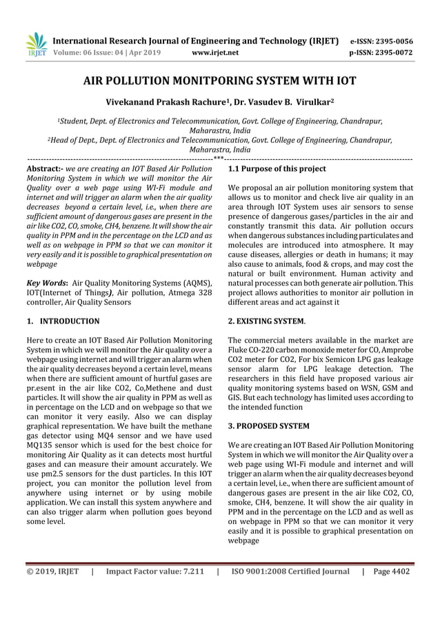 IRJET- Air Pollution Monitporing System with IoT | PDF