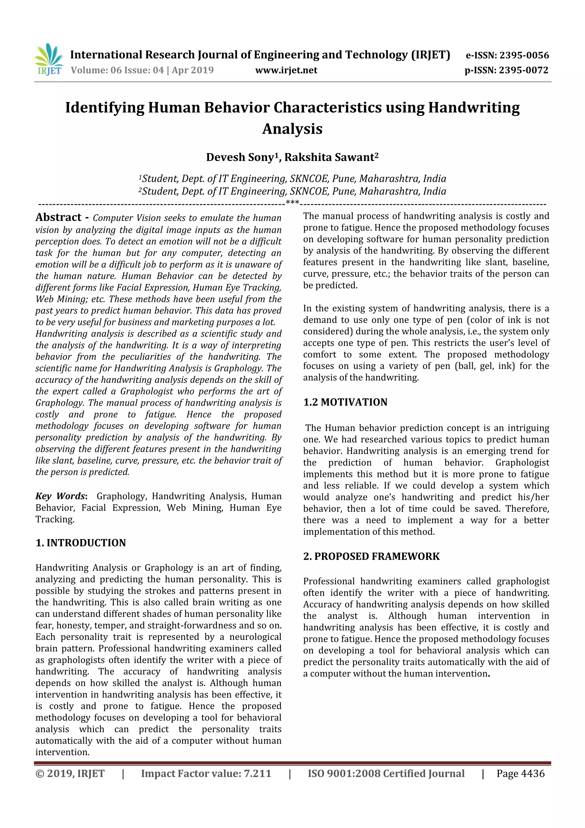 IRJET- Identifying Human Behavior Characteristics using Handwriting Analysis | PDF