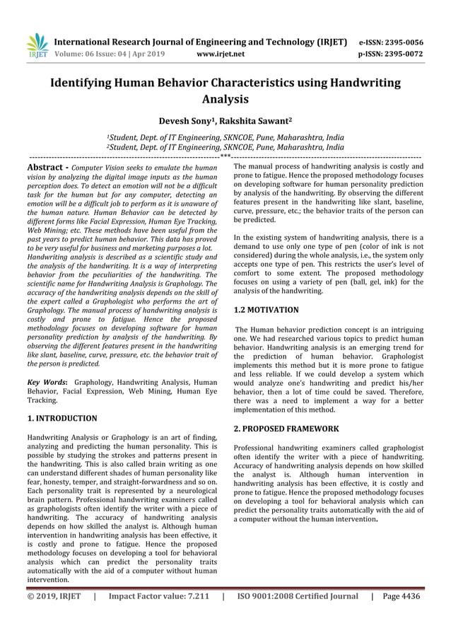 IRJET- Identifying Human Behavior Characteristics using Handwriting Analysis | PDF