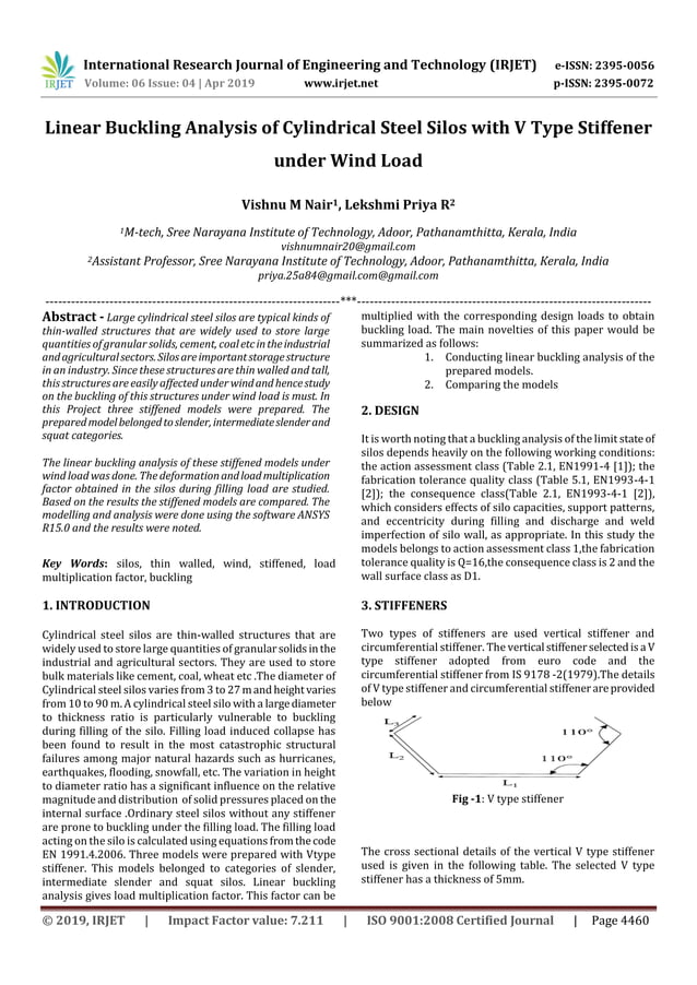 IRJET- Linear Buckling Analysis of Cylindrical Steel Silos with V Type Stiffener under Wind Load ...