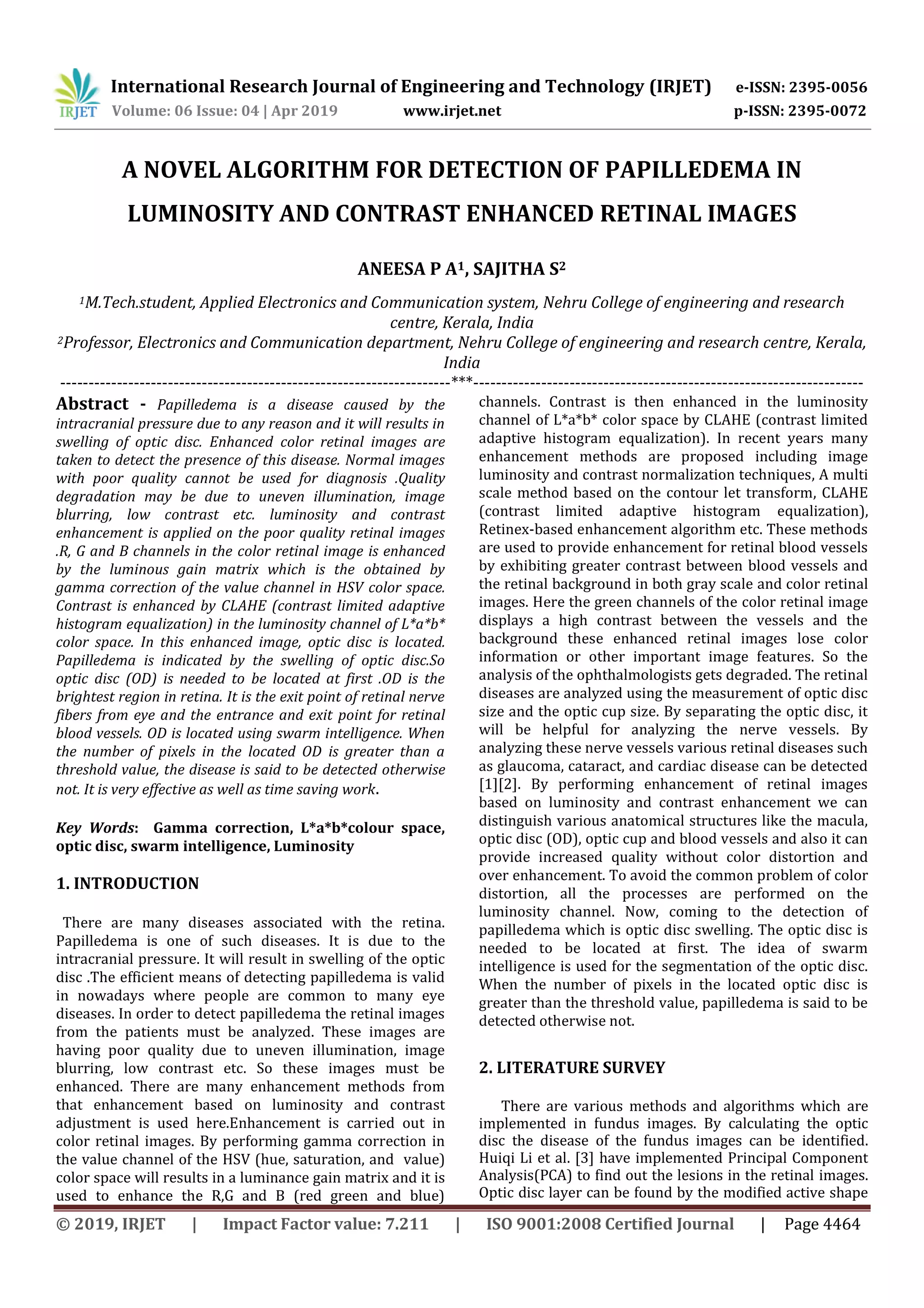 IRJET- A Novel Algorithm for Detection of Papilledema in Luminosity and ...