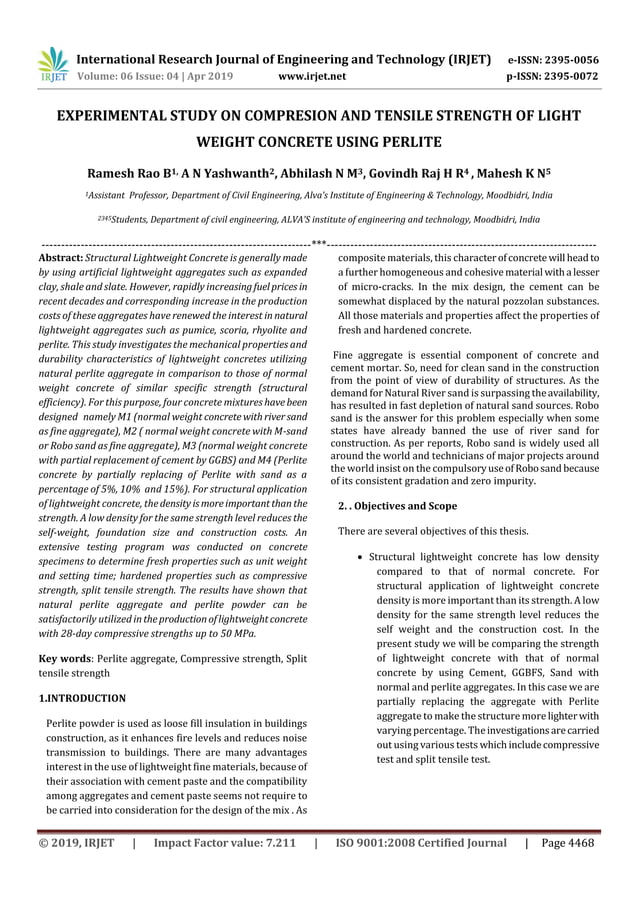 IRJET- Experimental Study on Compresion and Tensile Strength of Light Weight Concrete using ...