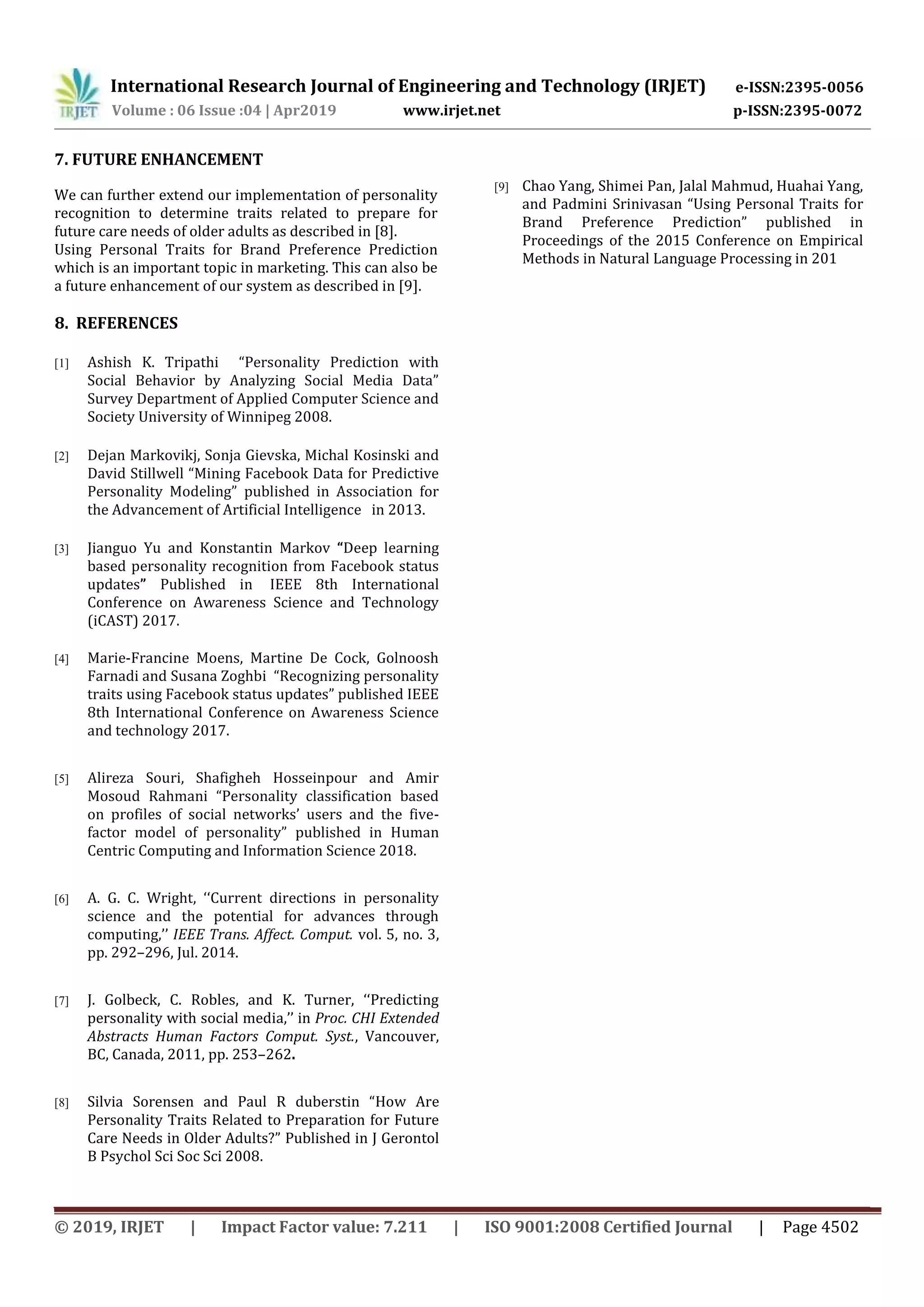 IRJET- Personality Recognition using Social Media Data | PDF