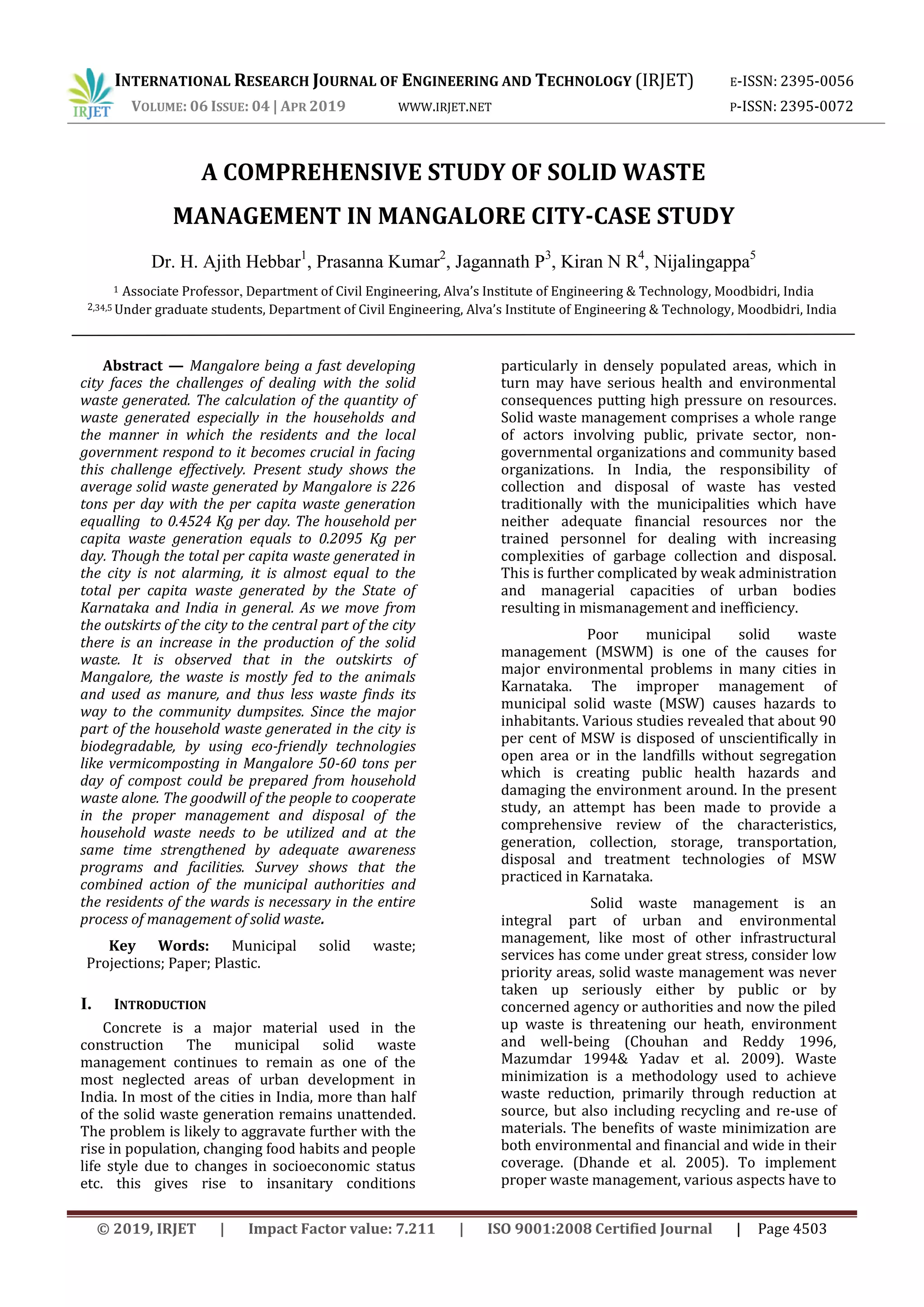 IRJET- A Comprehensive Study of Solid Waste Management in Mangalore ...