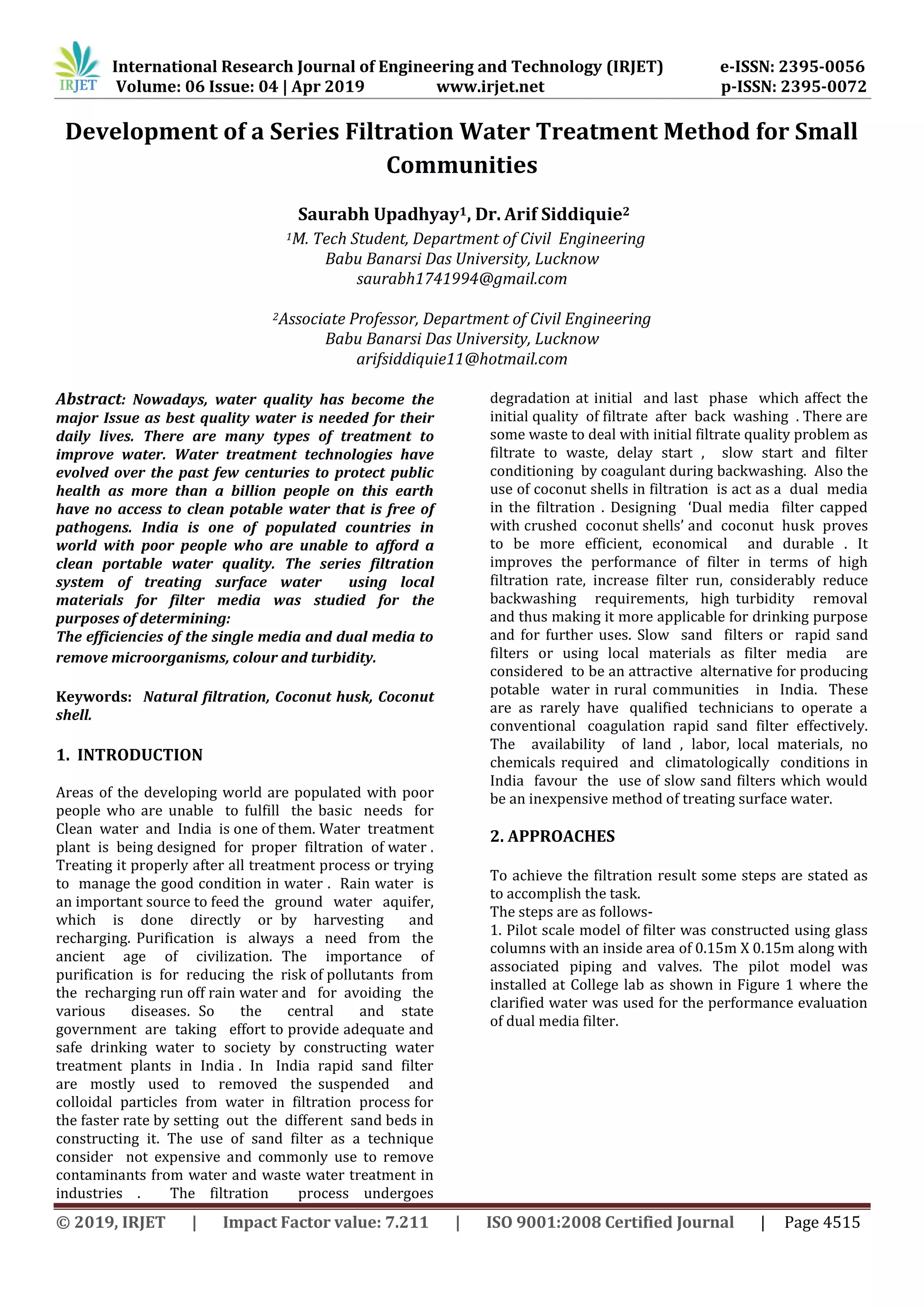 IRJET- Development of a Series Filtration Water Treatment Method for Small Communities | PDF
