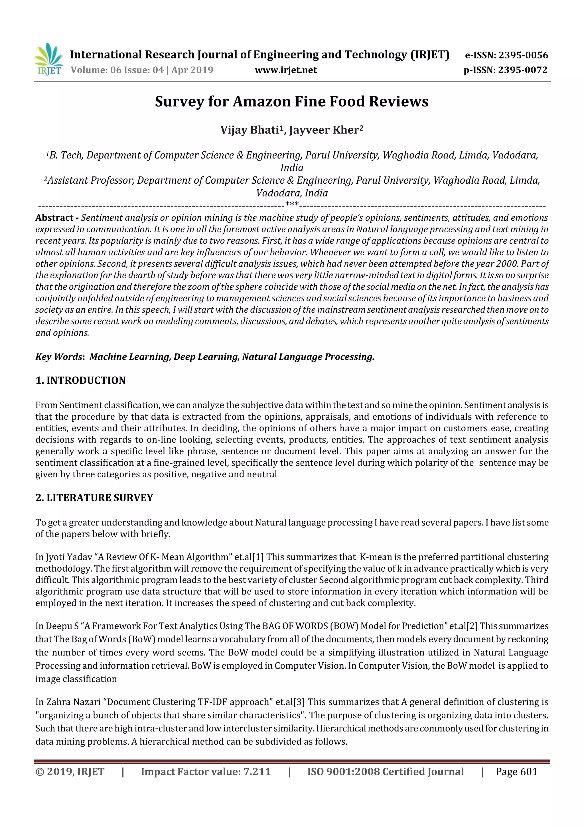 IRJET- Survey for Amazon Fine Food Reviews | PDF