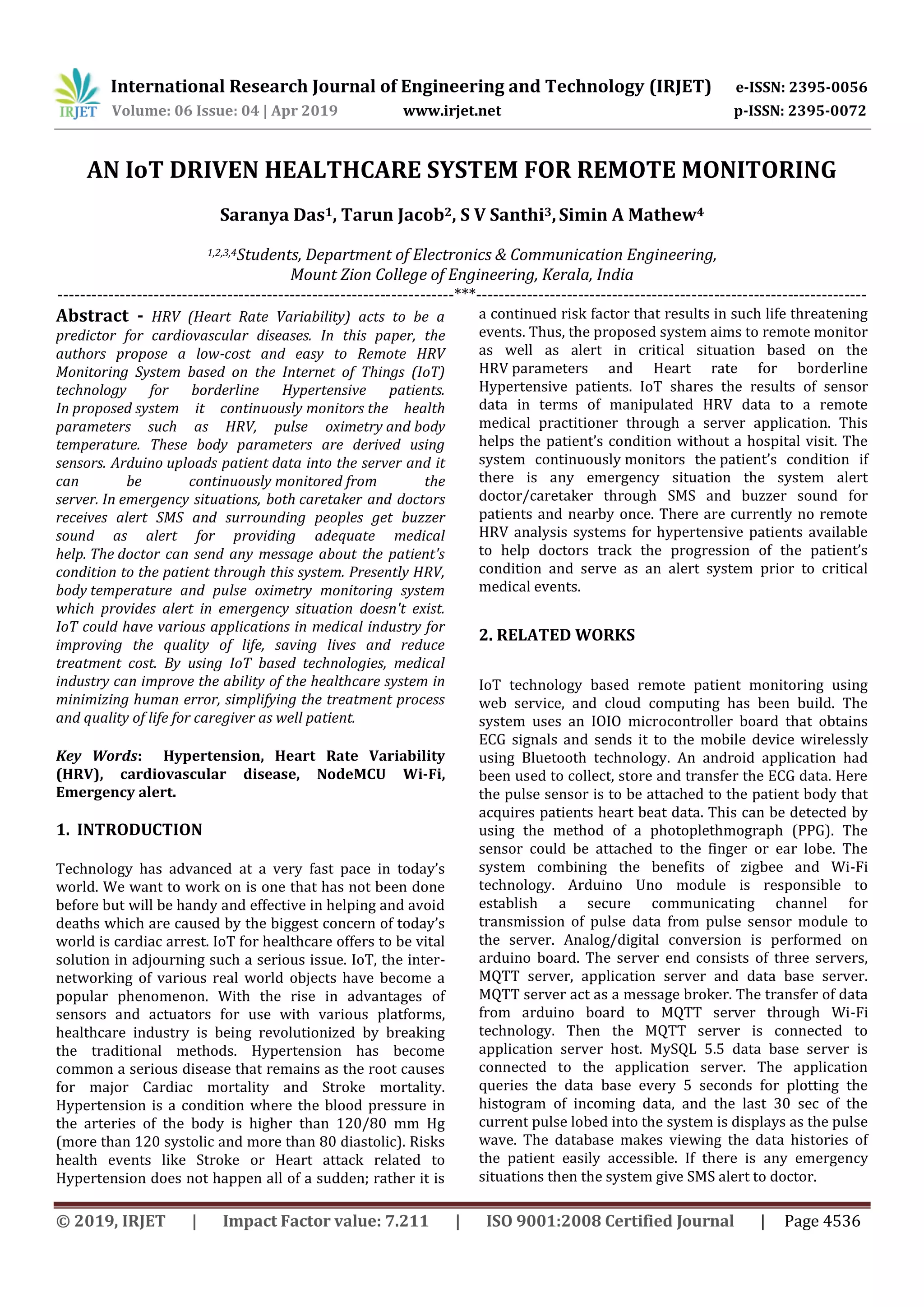 IRJET- An IoT Driven Healthcare System for Remote Monitoring | PDF