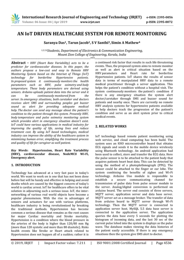IRJET- An IoT Driven Healthcare System for Remote Monitoring | PDF