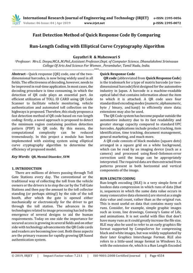 IRJET- Fast Detection Method of Quick Response Code by Comparing Run-Length Coding with ...