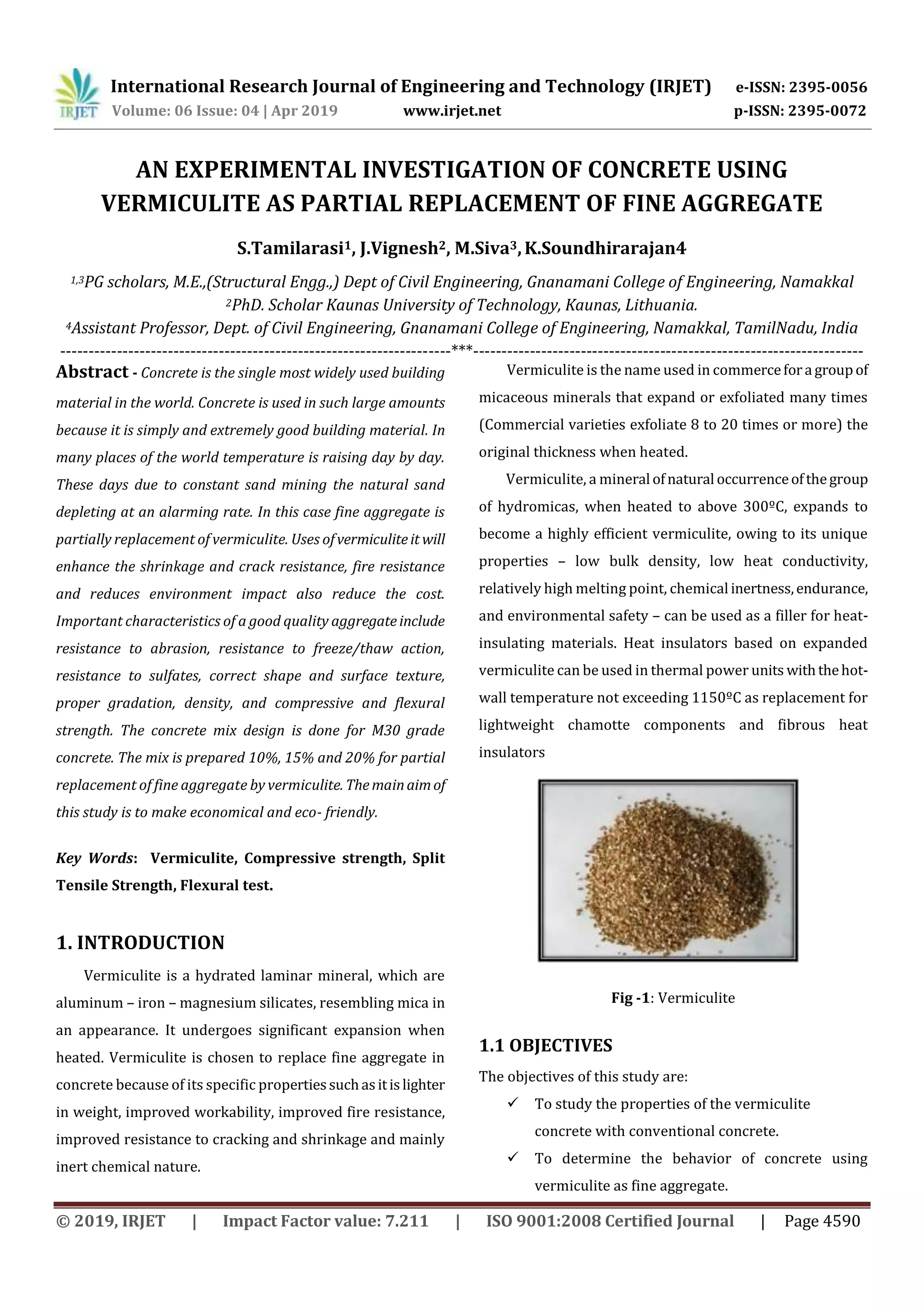 IRJET- An Experimental Investigation of Concrete using Vermiculite as ...