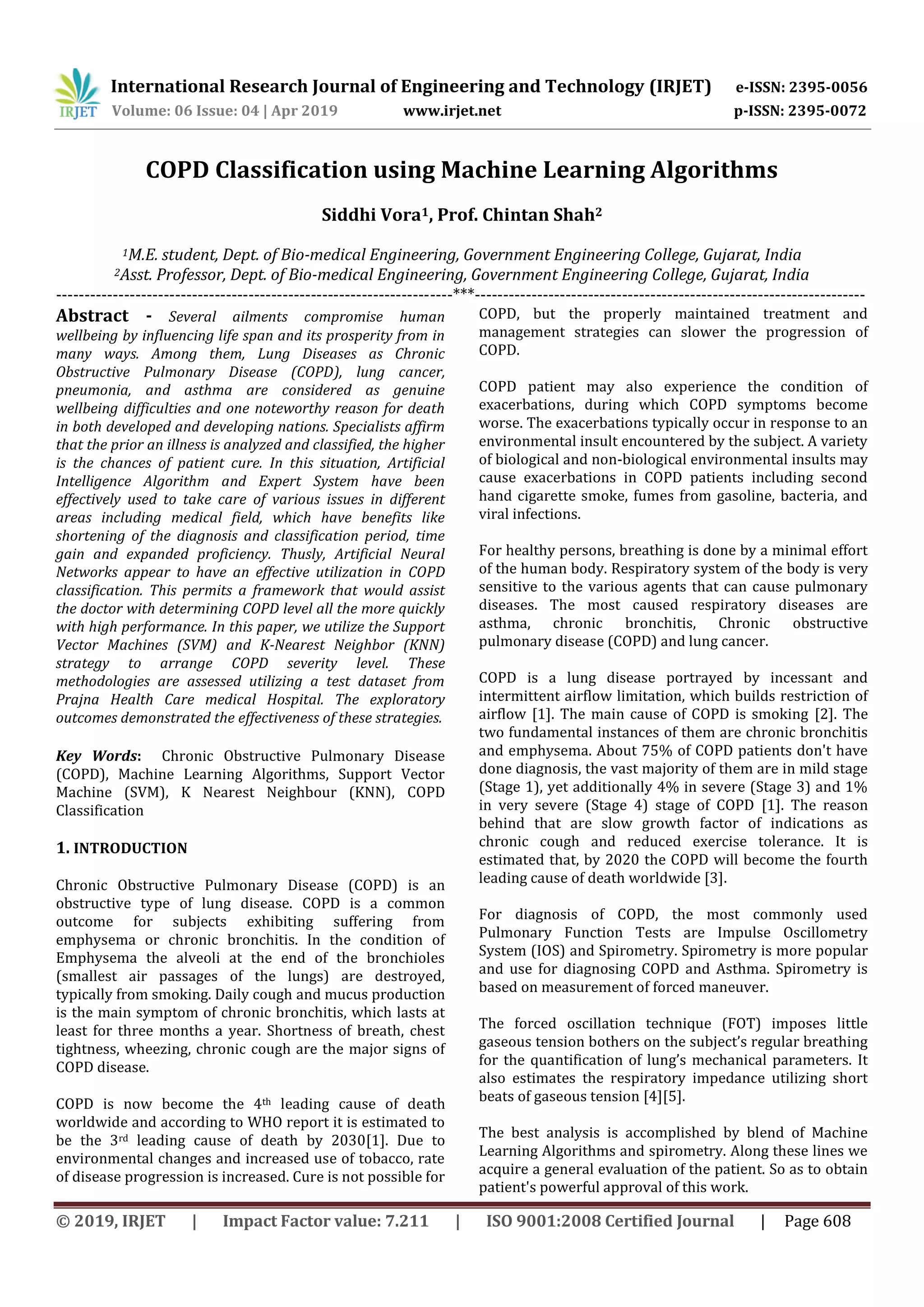 IRJET-COPD Classification using Machine Learning Algorithms | PDF