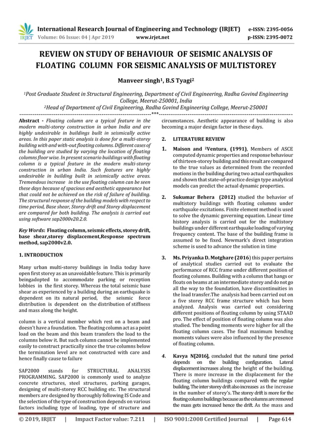 IRJET- Review on Study of Behaviour of Seismic Analysis of Floating Column for Seismic Analysis ...