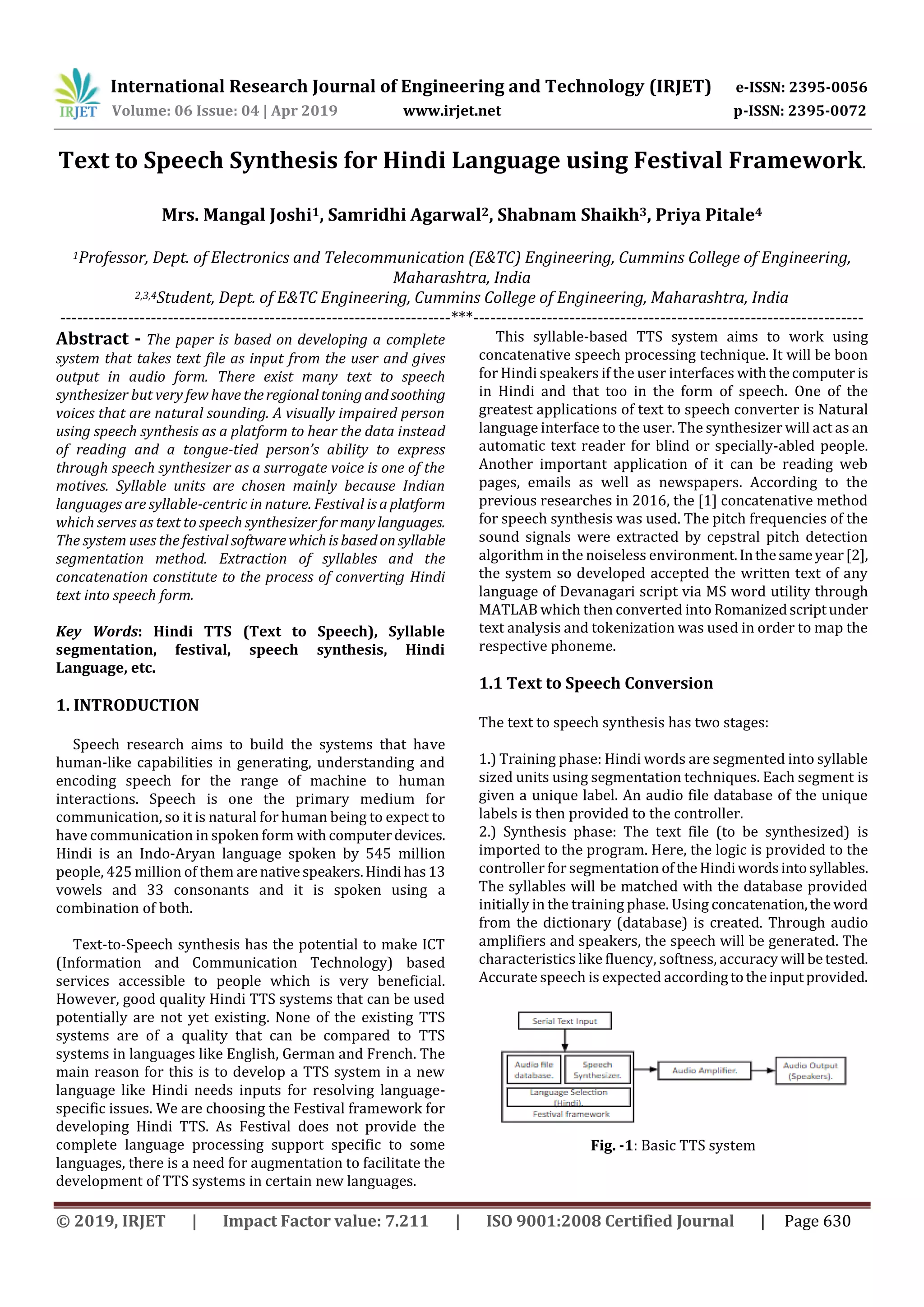 IRJET- Text to Speech Synthesis for Hindi Language using Festival Framework | PDF