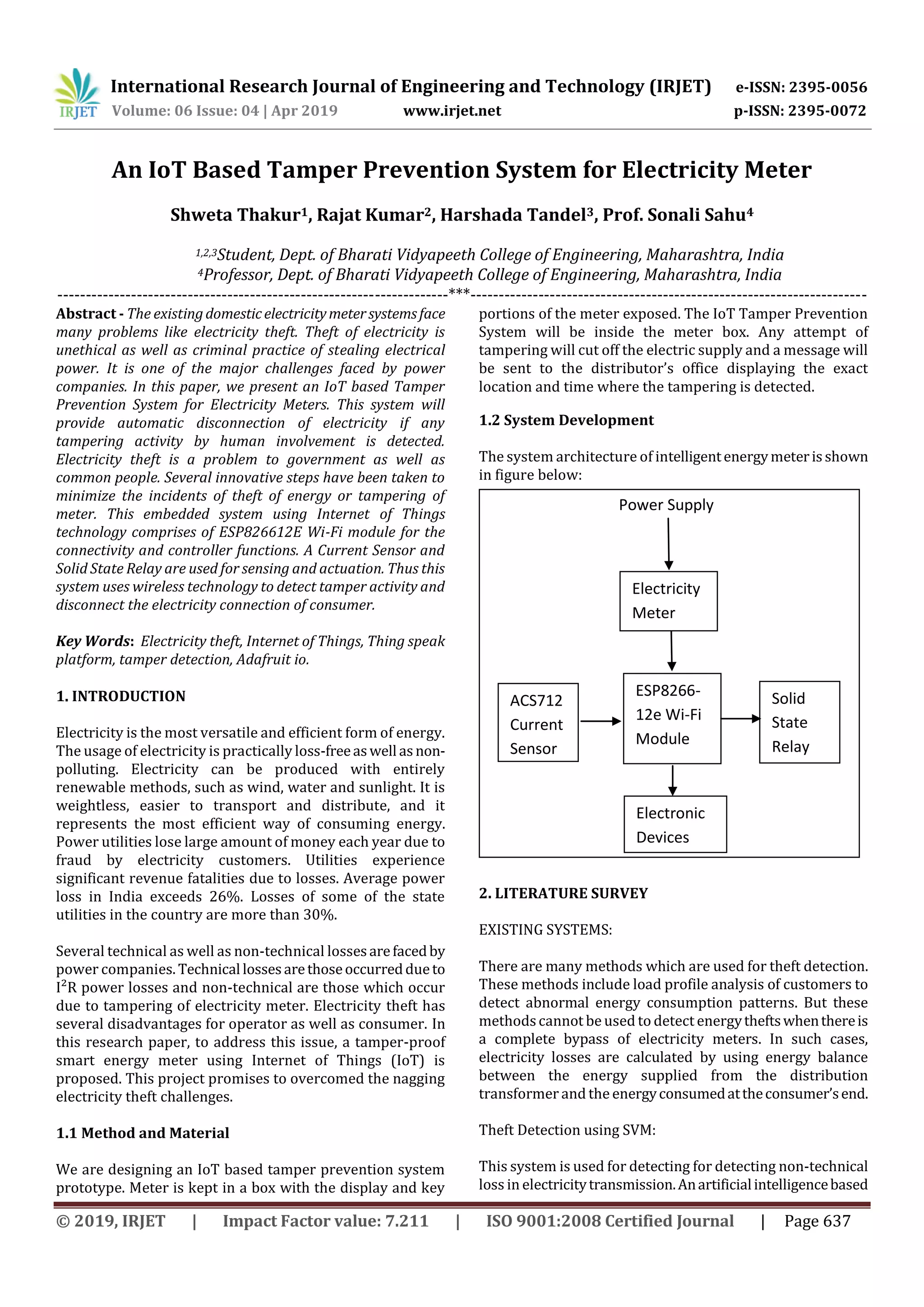 IRJET- An IoT based Tamper Prevention System for Electricity Meter | PDF