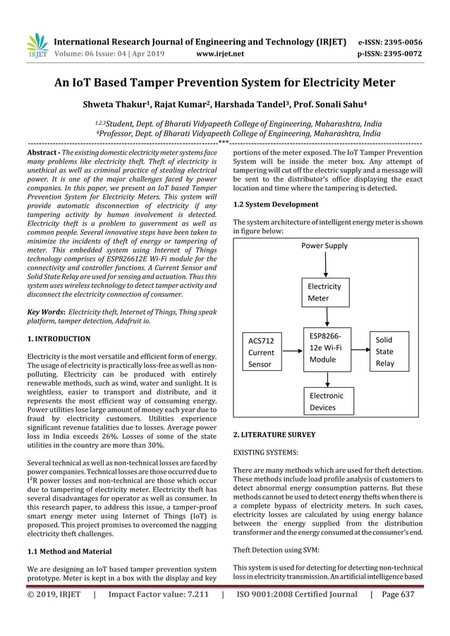 IRJET- An IoT based Tamper Prevention System for Electricity Meter | PDF