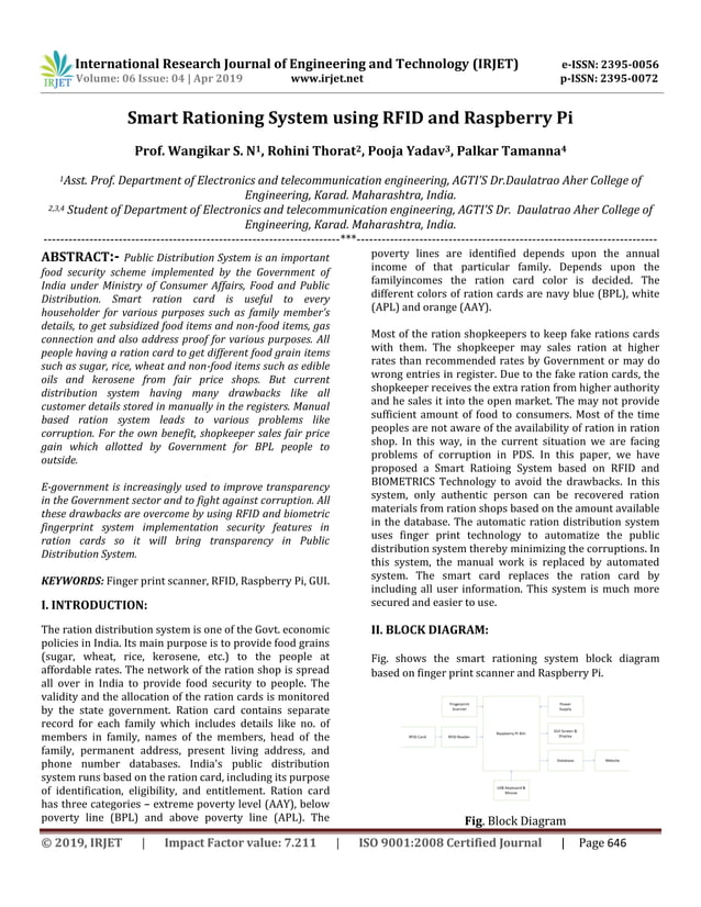 IRJET- Smart Rationing System using RFID and Raspberry Pi | PDF | Internet of Things | Internet