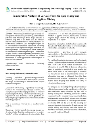 IRJET- Comparative Analysis of Various Tools for Data Mining and Big Data Mining | PDF