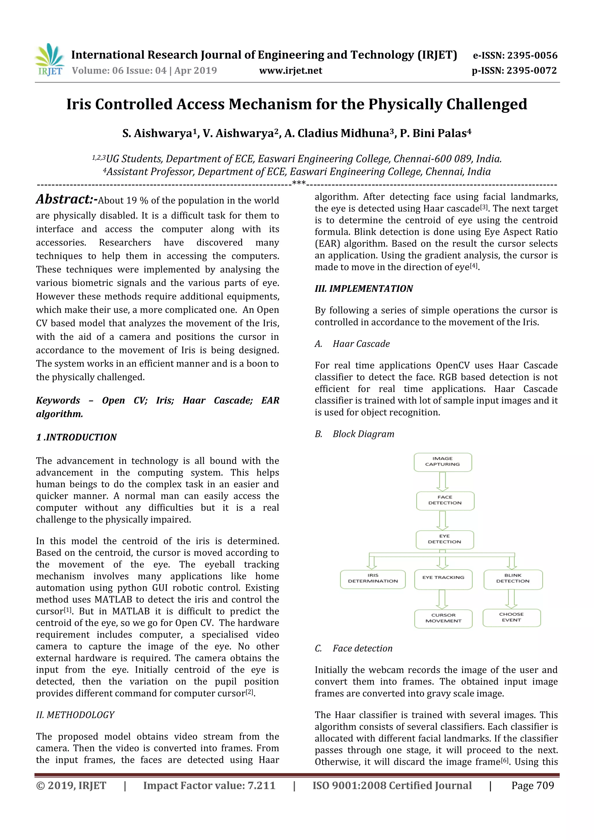 IRJET- Iris Controlled Access Mechanism for the Physically Challenged | PDF