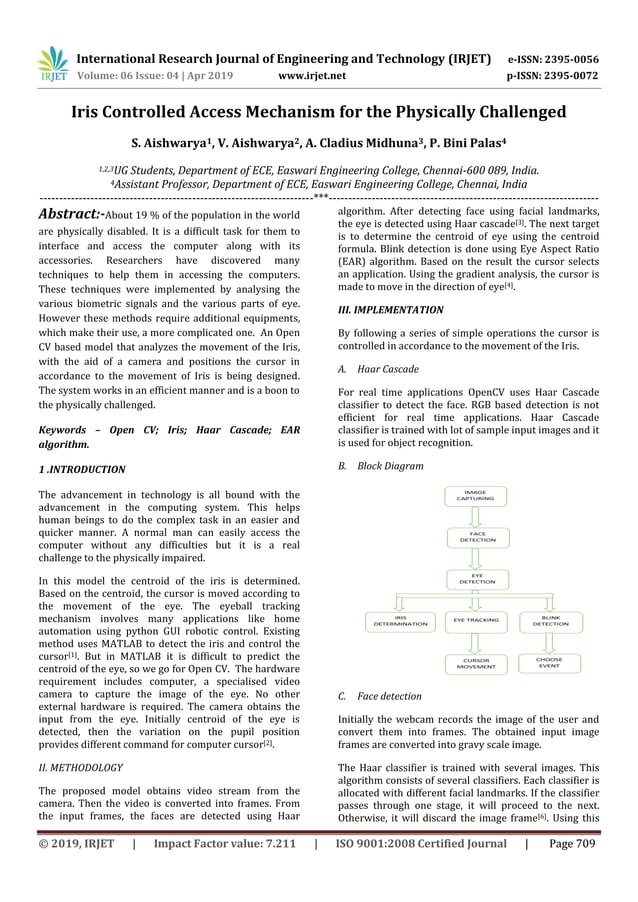 IRJET- Iris Controlled Access Mechanism for the Physically Challenged | PDF