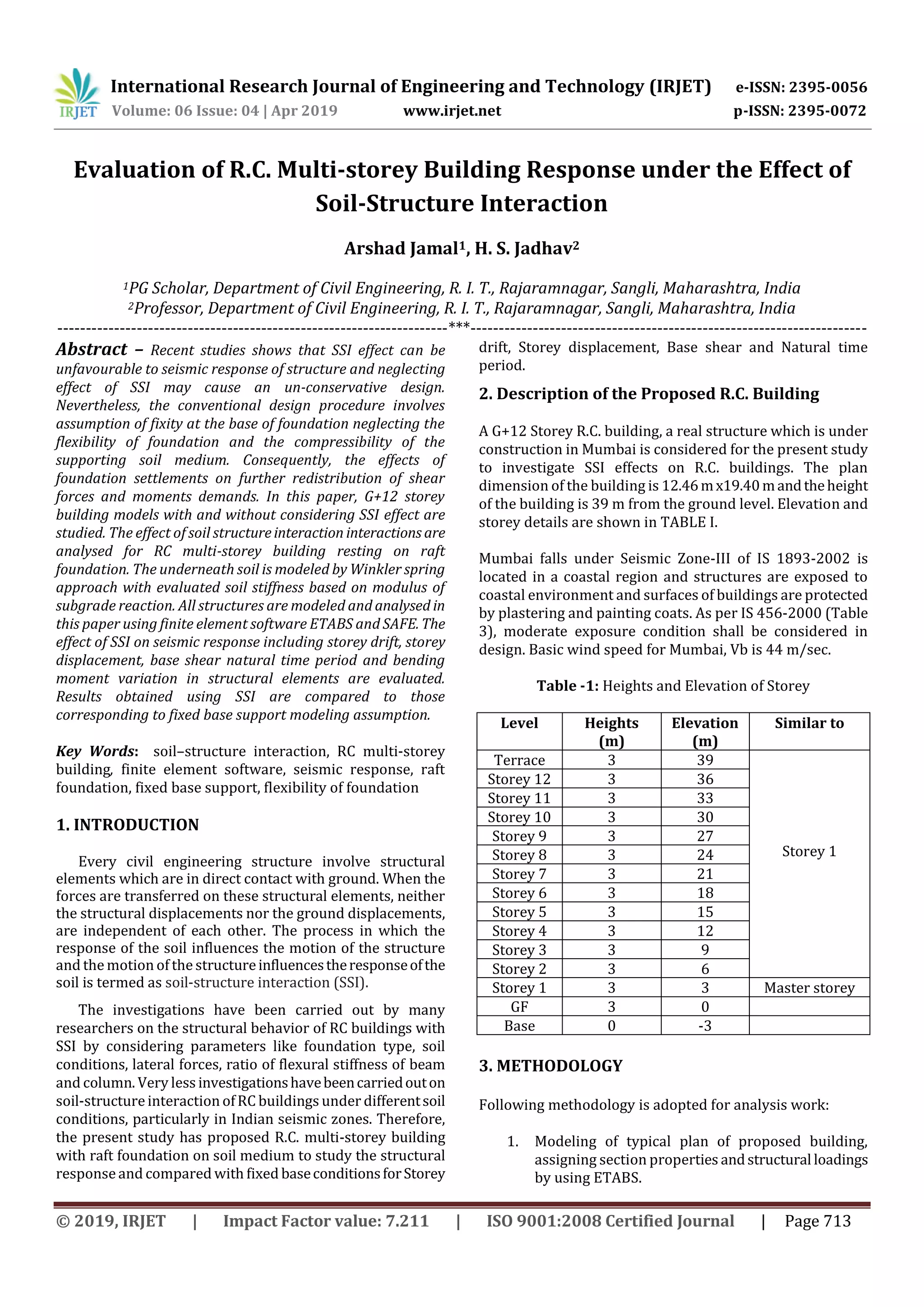 IRJET- Evaluation of R.C. Multi-Storey Building Response under the Effect of Soil-Structure ...