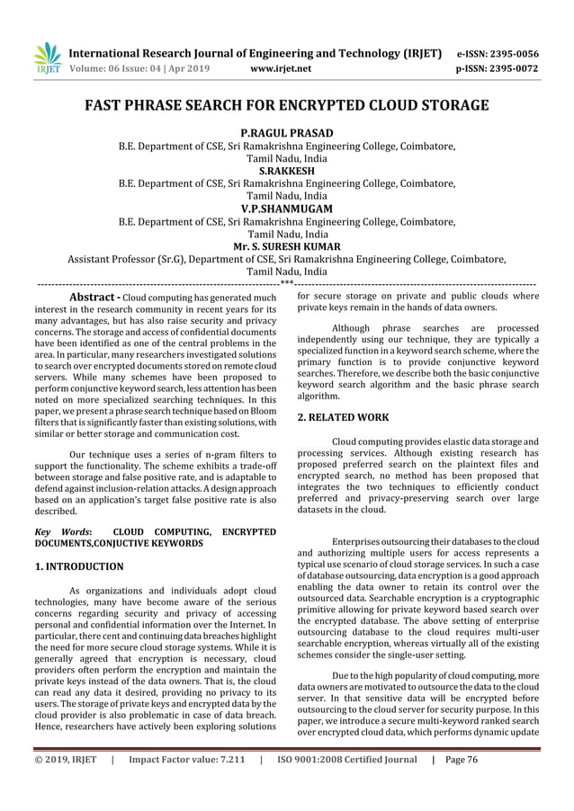 IRJET- Fast Phrase Search for Encrypted Cloud Storage | PDF