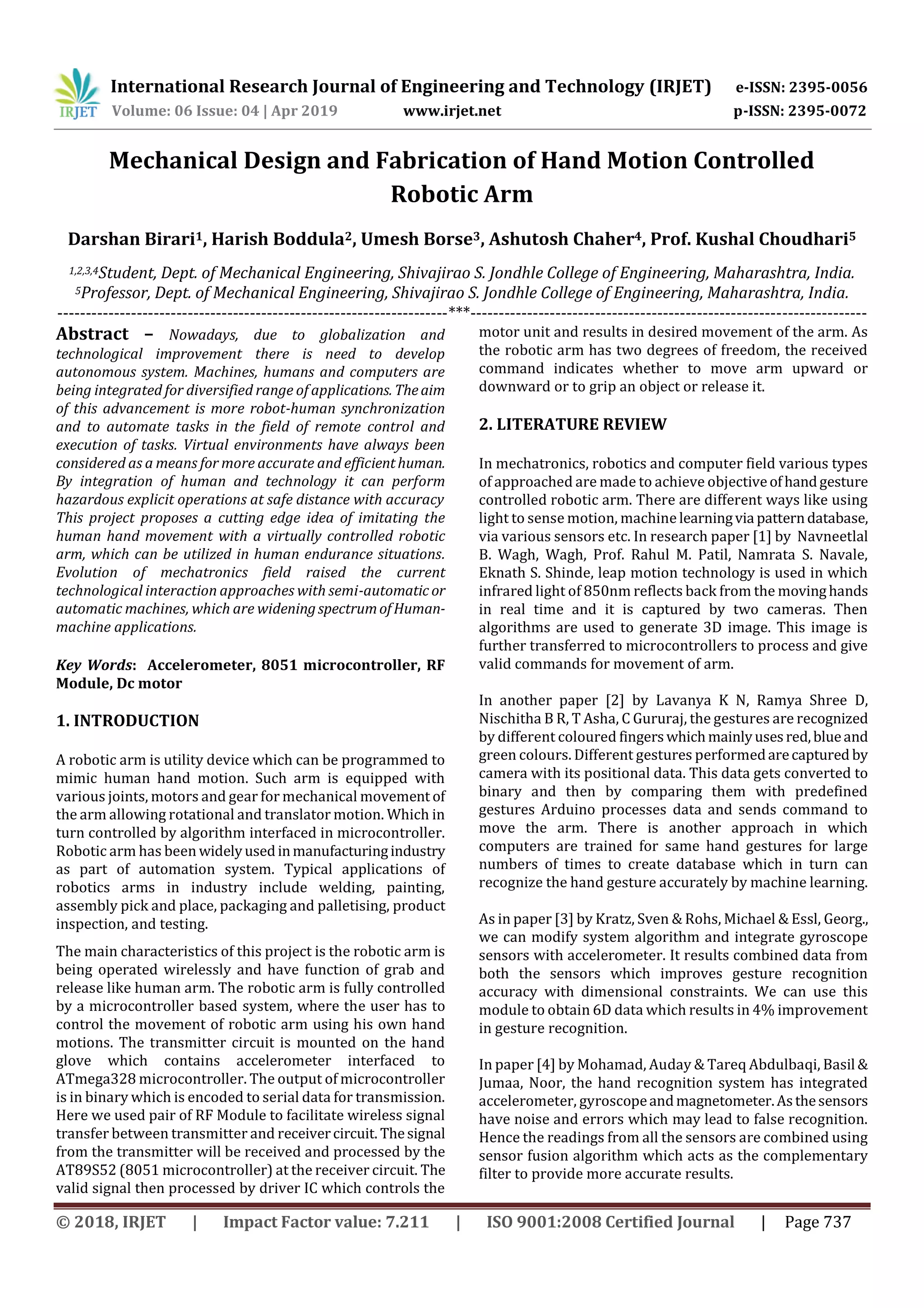 IRJET- Mechanical Design and Fabrication of Hand Motion Controlled Robotic Arm | PDF | Computer ...