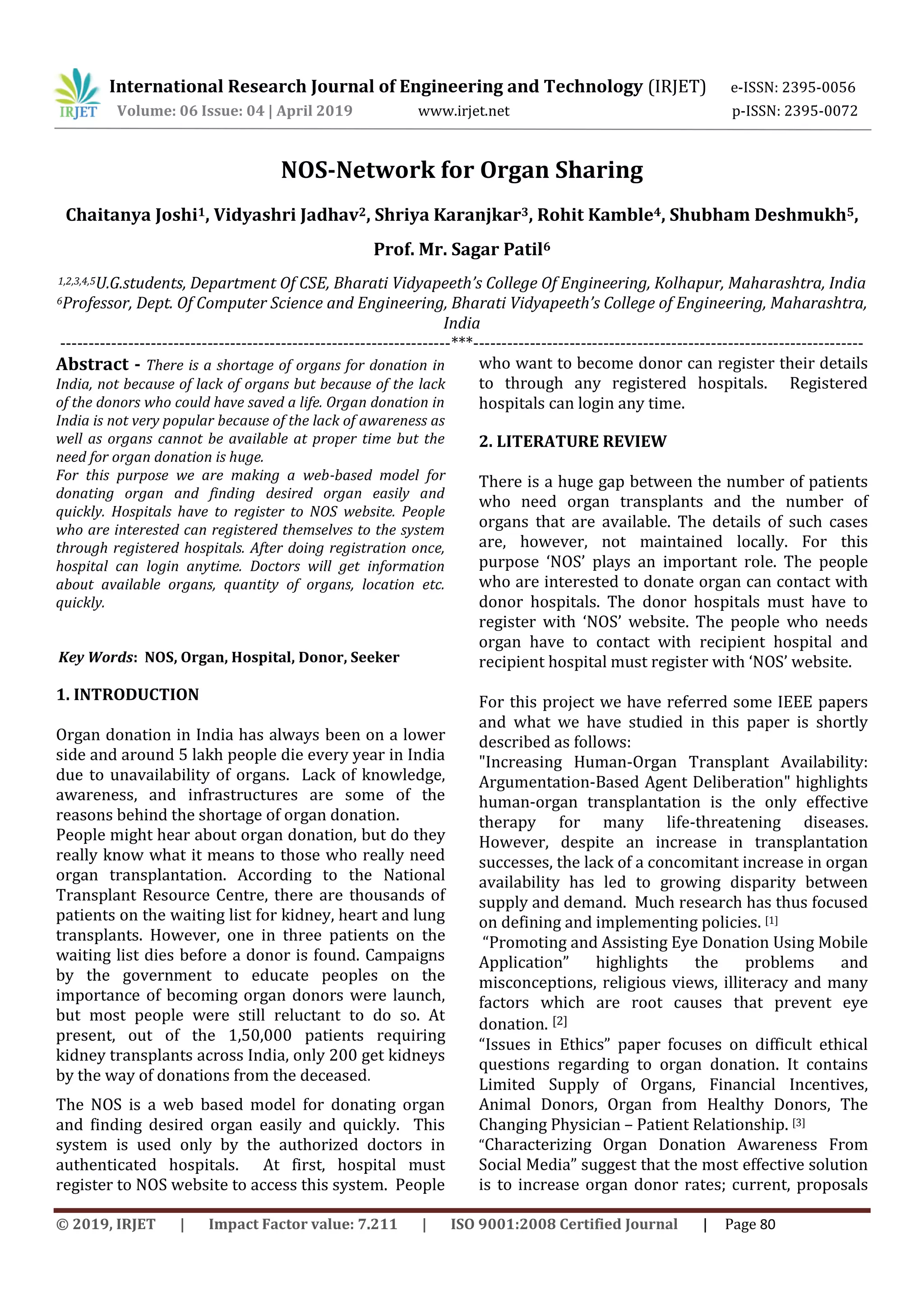 IRJET- NOS-Network for Organ Sharing | PDF | Lung and Respiratory ...