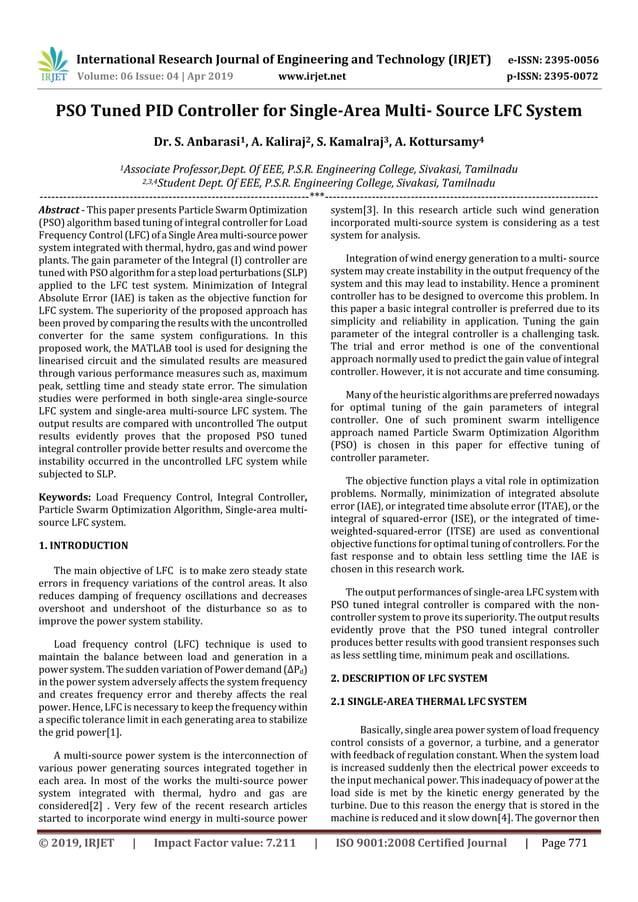 IRJET- PSO Tuned PID Controller for Single-Area Multi- Source LFC System | PDF