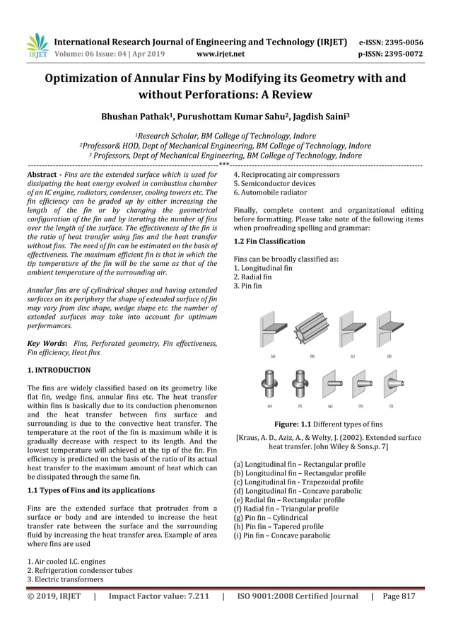 IRJET- Optimization of Annular Fins by Modifying its Geometry with and Without Perforations: A ...
