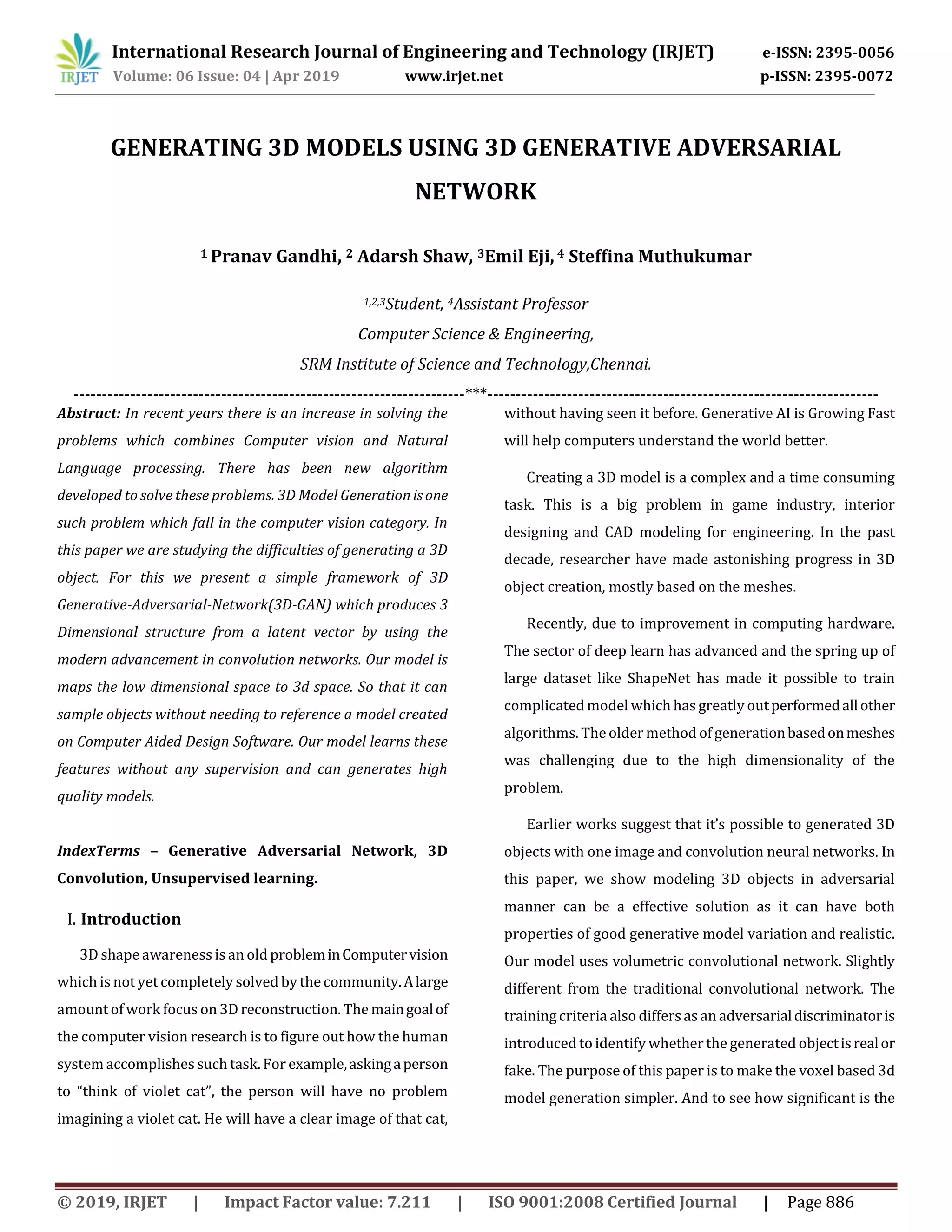 IRJET- Generating 3D Models Using 3D Generative Adversarial Network | PDF