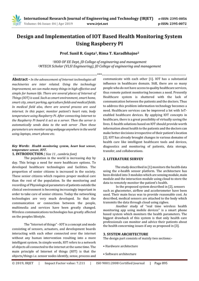 IRJET- Design and Implementation of IOT Based Health Monitoring System Using Raspberry PI | PDF