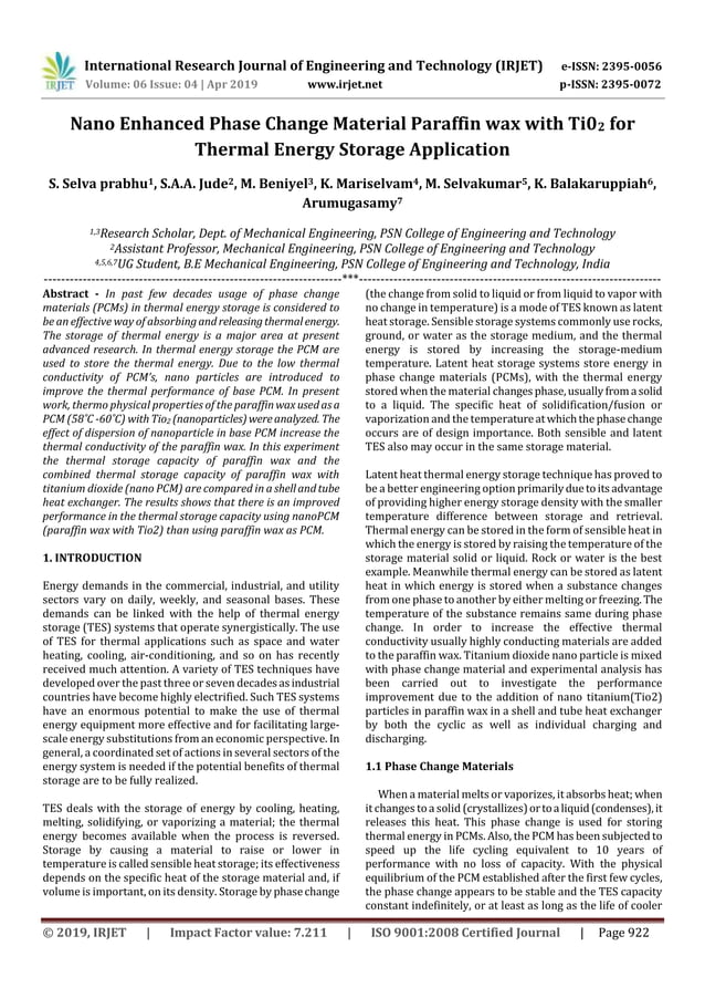 IRJET-Nano Enhanced Phase Change Material Paraffin Wax with Ti02 for ...