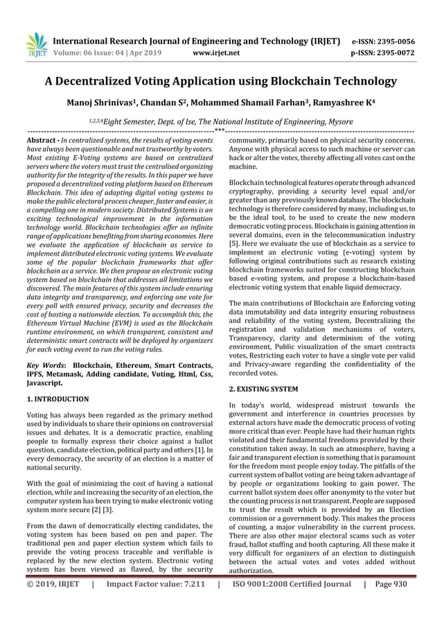 IRJET- A Decentralized Voting Application using Blockchain Technology | PDF