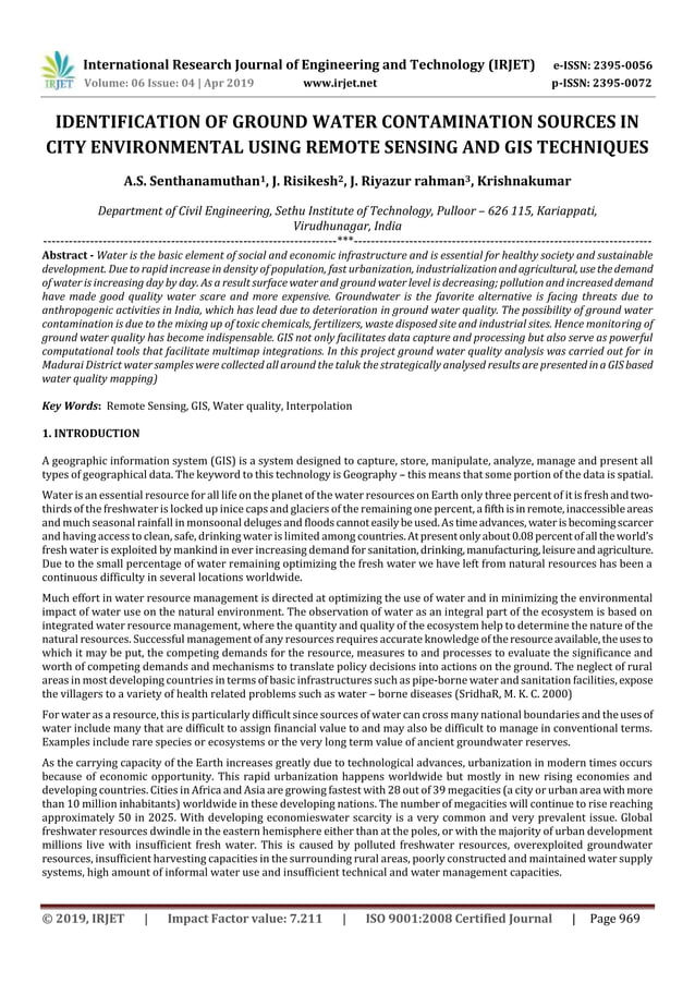 IRJET- Identification of Ground Water Contamination Sources in City Environmental using Remote ...