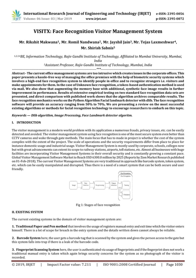 IRJET- VISITX: Face Recognition Visitor Management System | PDF