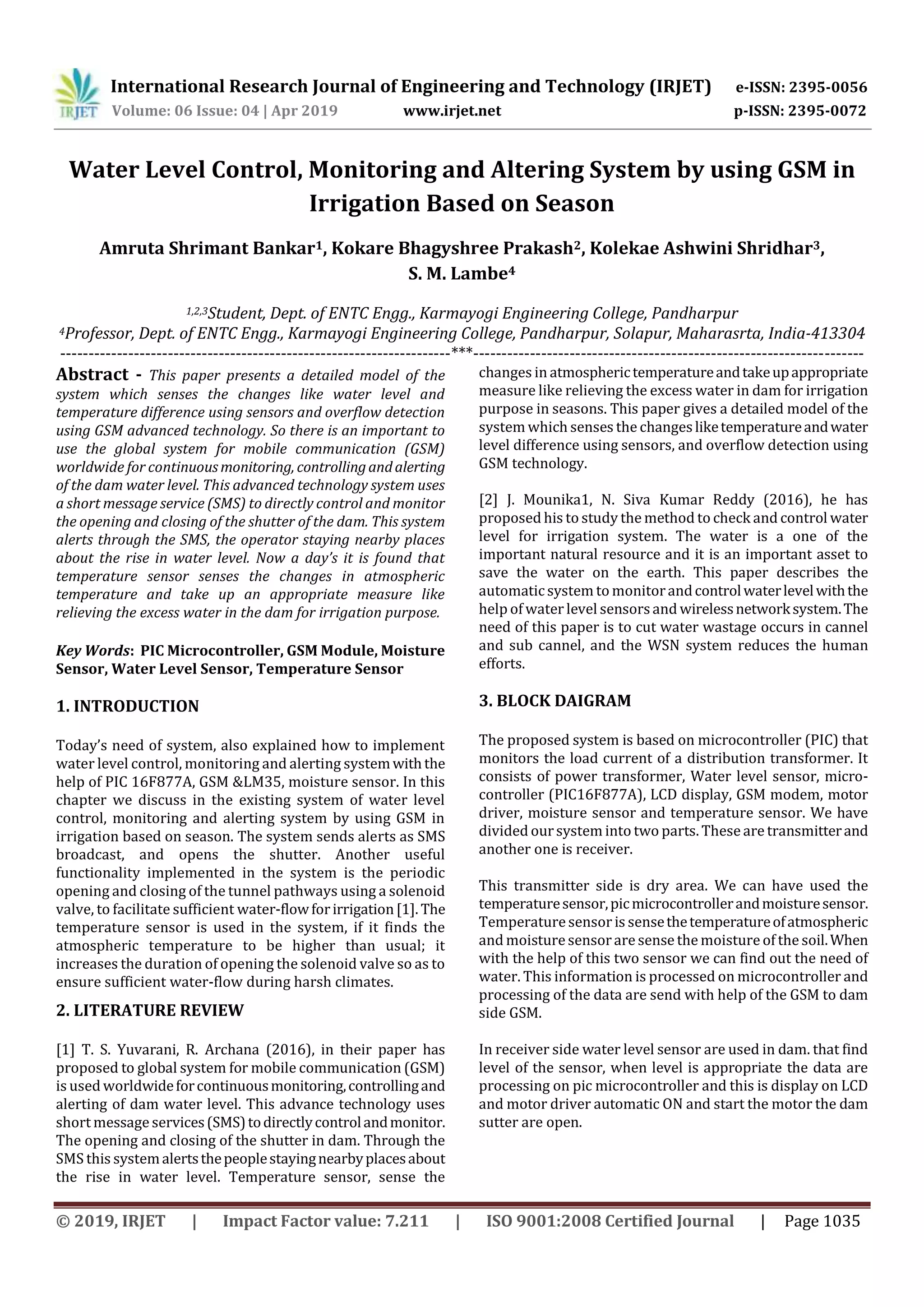 Irjet Water Level Control Monitoring And Altering System By Using Gsm In Irrigation Based On