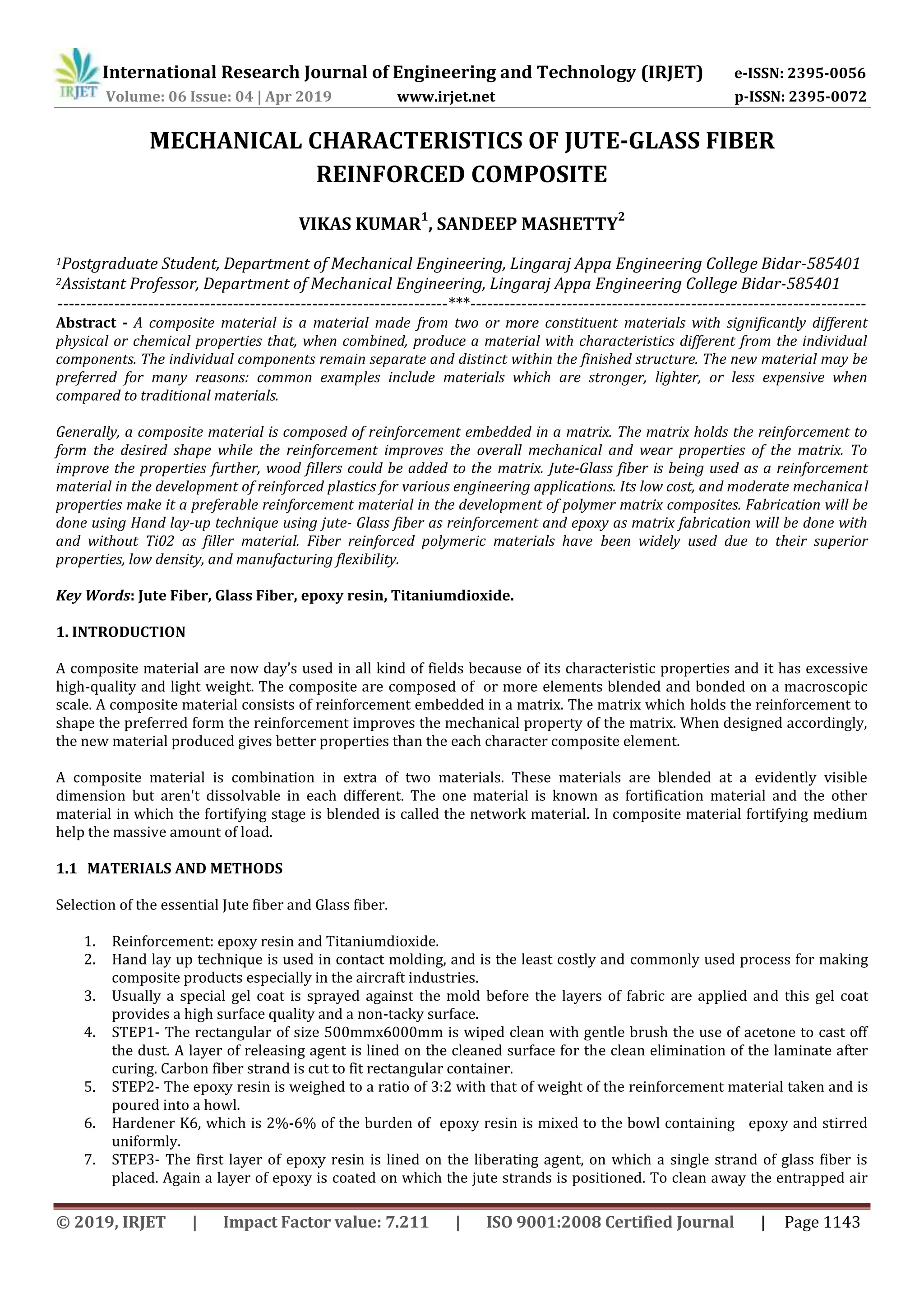 IRJET- Mechanical Characteristics of Jute-Glass Fiber Reinforced Composite | PDF