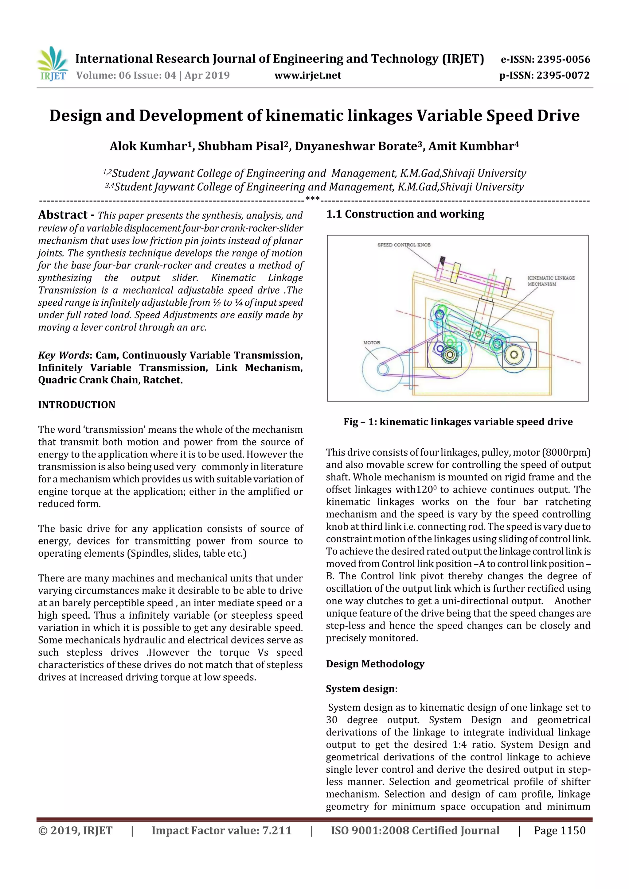IRJET- Design and Development of Kinematic Linkages Variable Speed ...