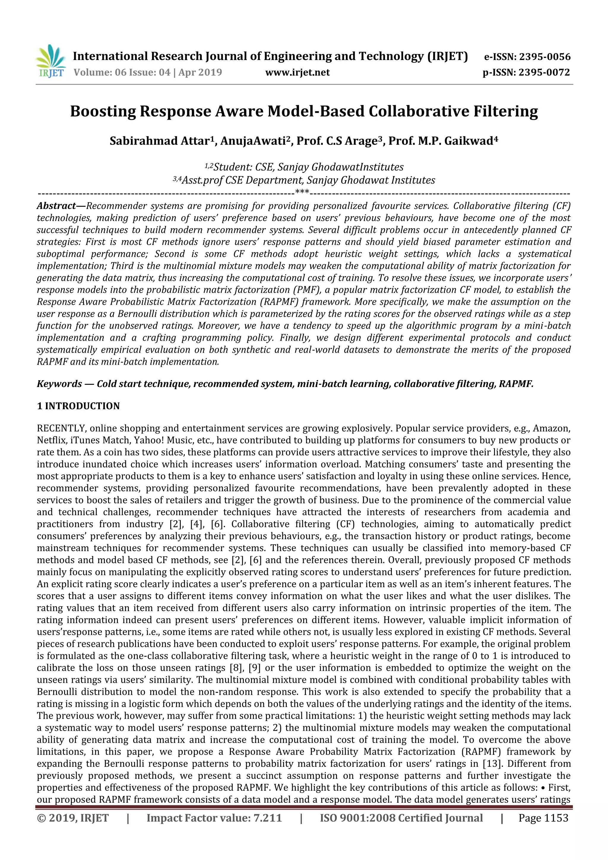 IRJET- Boosting Response Aware Model-Based Collaborative Filtering | PDF