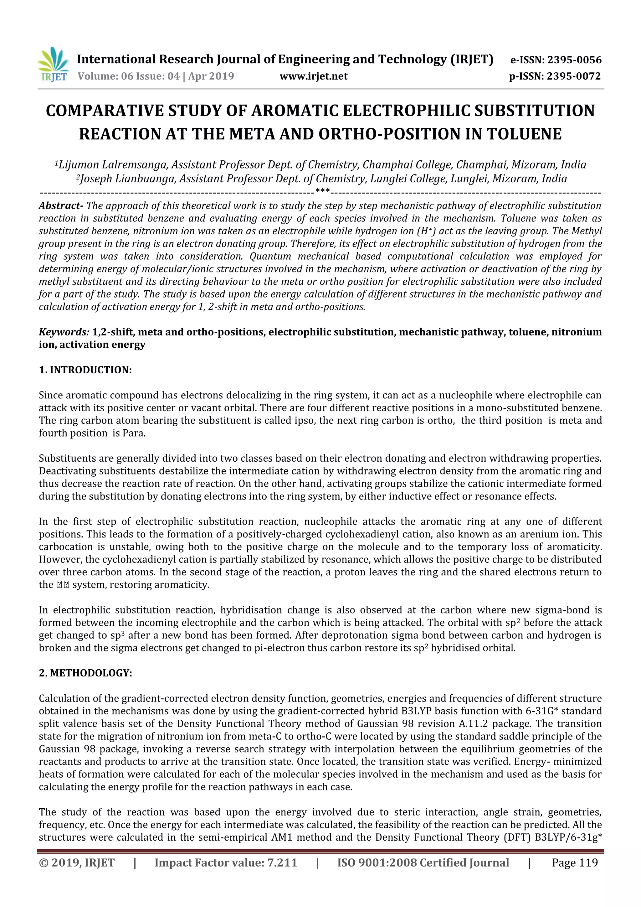 IRJET- Comparative Study of Aromatic Electrophilic Substitution ...