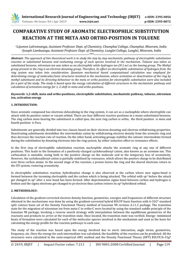 IRJET- Comparative Study of Aromatic Electrophilic Substitution ...